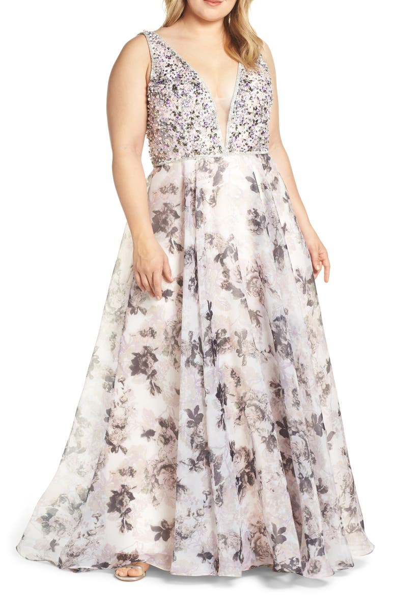 Mac Duggal Floral Print Illusion V Neck Evening Dress Plus Size