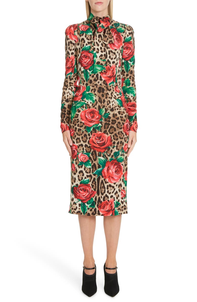 Dolceandgabbana Rose And Leopard Print Tie Neck Stretch Silk Midi Dress
