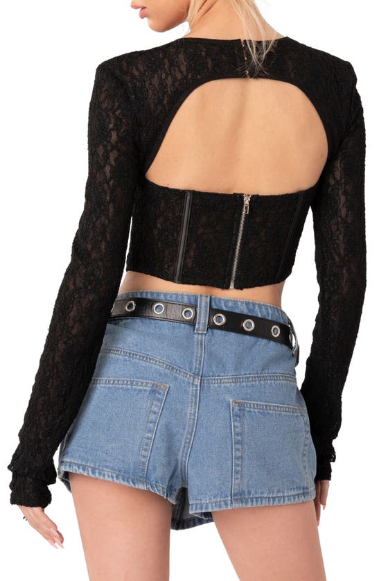 Edikted Vienna Long Sleeve Cutout Lace Corset Top In Black | ModeSens