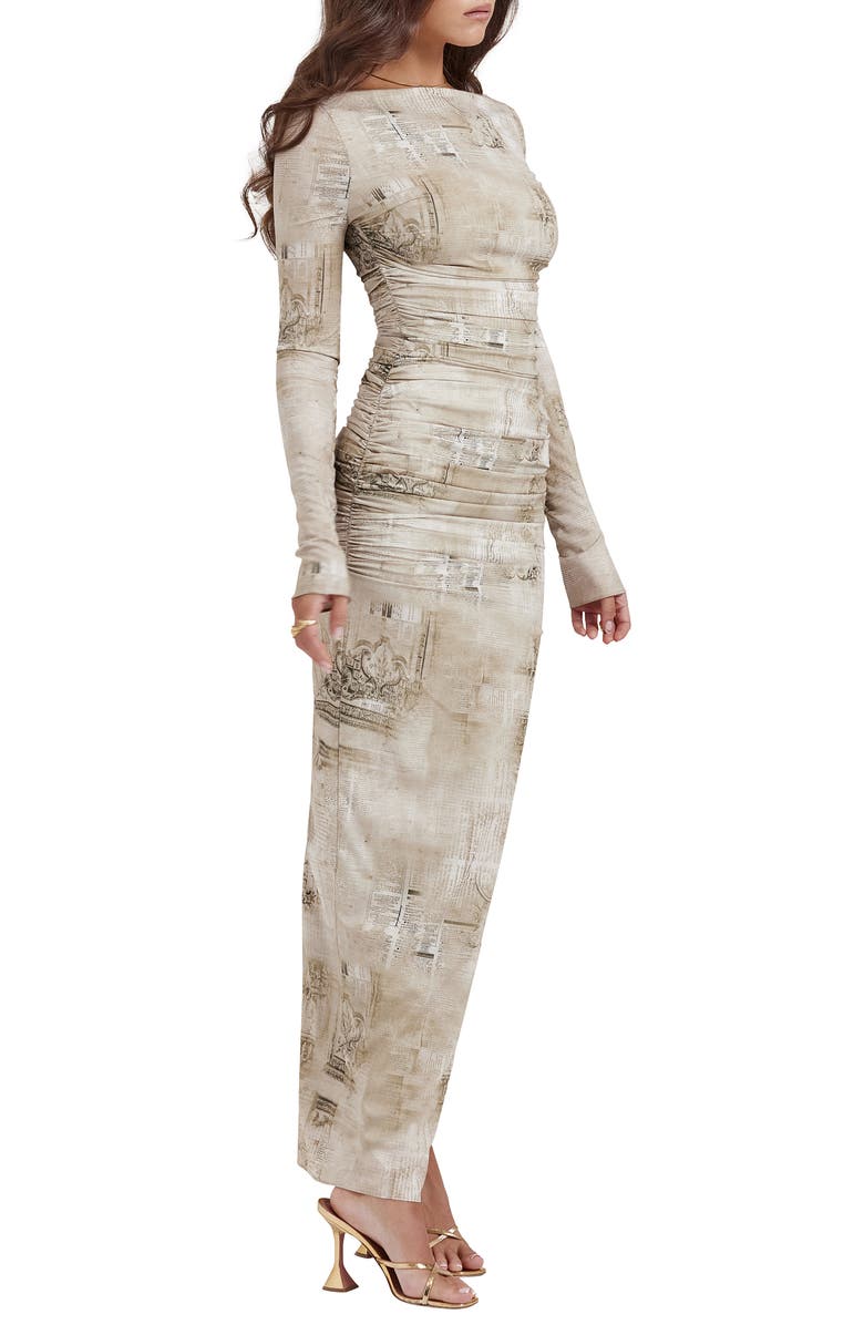 HOUSE OF CB Lanetta Ruched Bateau Neck Long Sleeve Georgette Dress ...