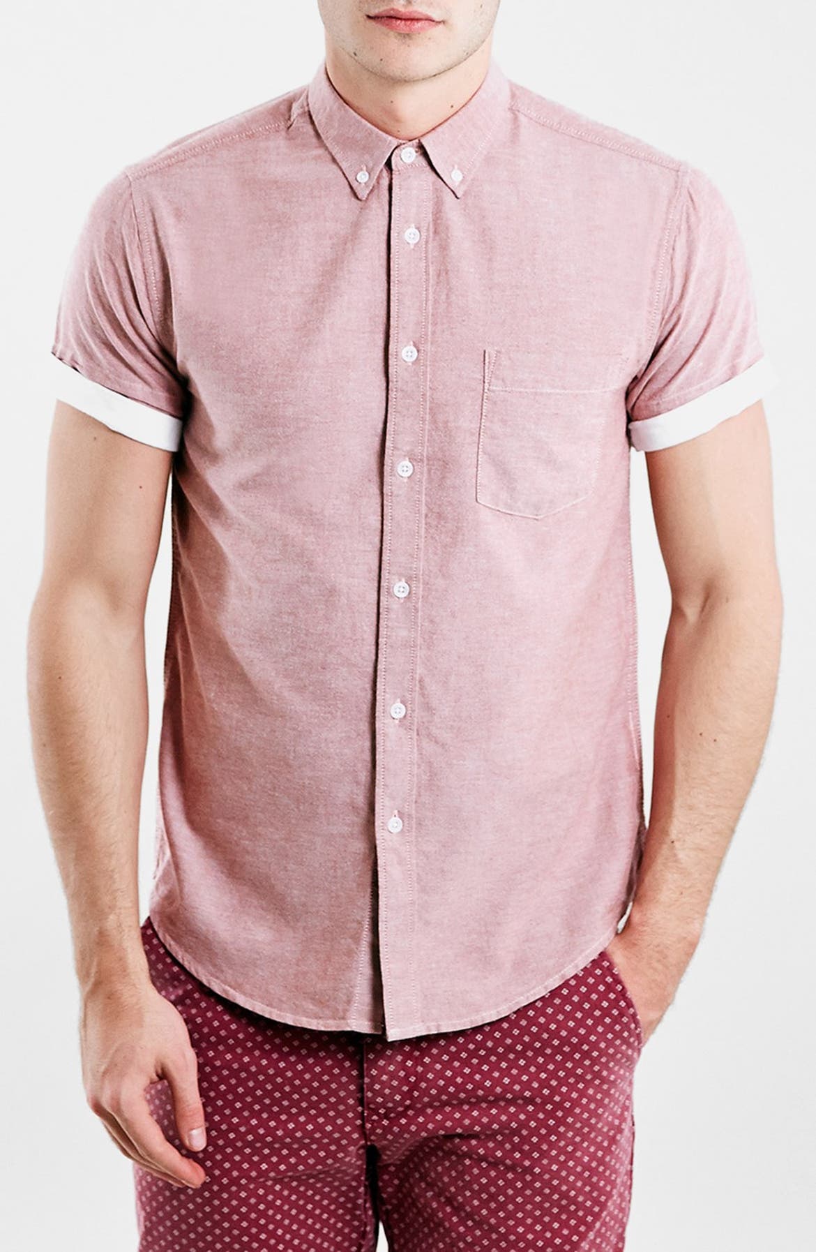 Topman Slim Fit Contrast Cuff Short Sleeve Oxford Shirt Nordstrom