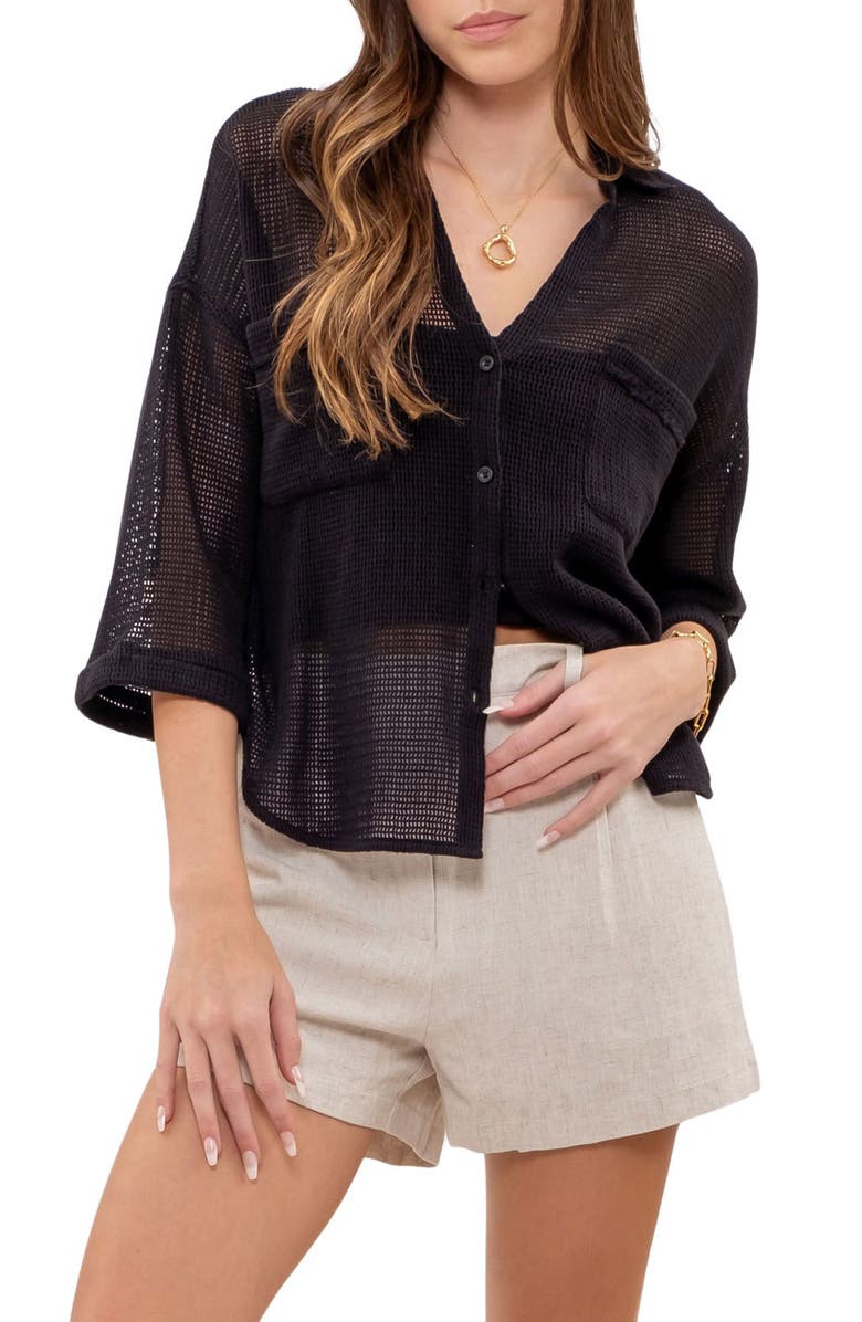 Blu Pepper Mesh Knit Sheer Button Front Top | Nordstromrack