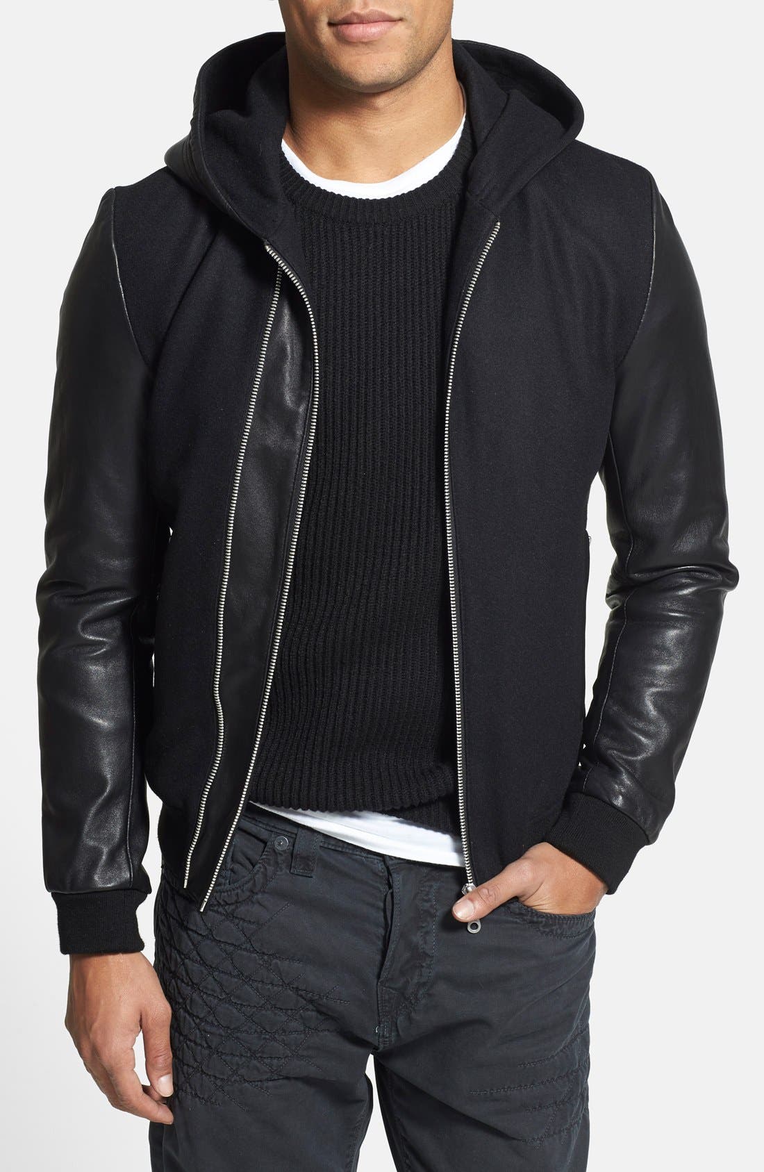 7 Diamonds 'Ace' Wool Blend Hooded Bomber Jacket with Leather Sleeves ...