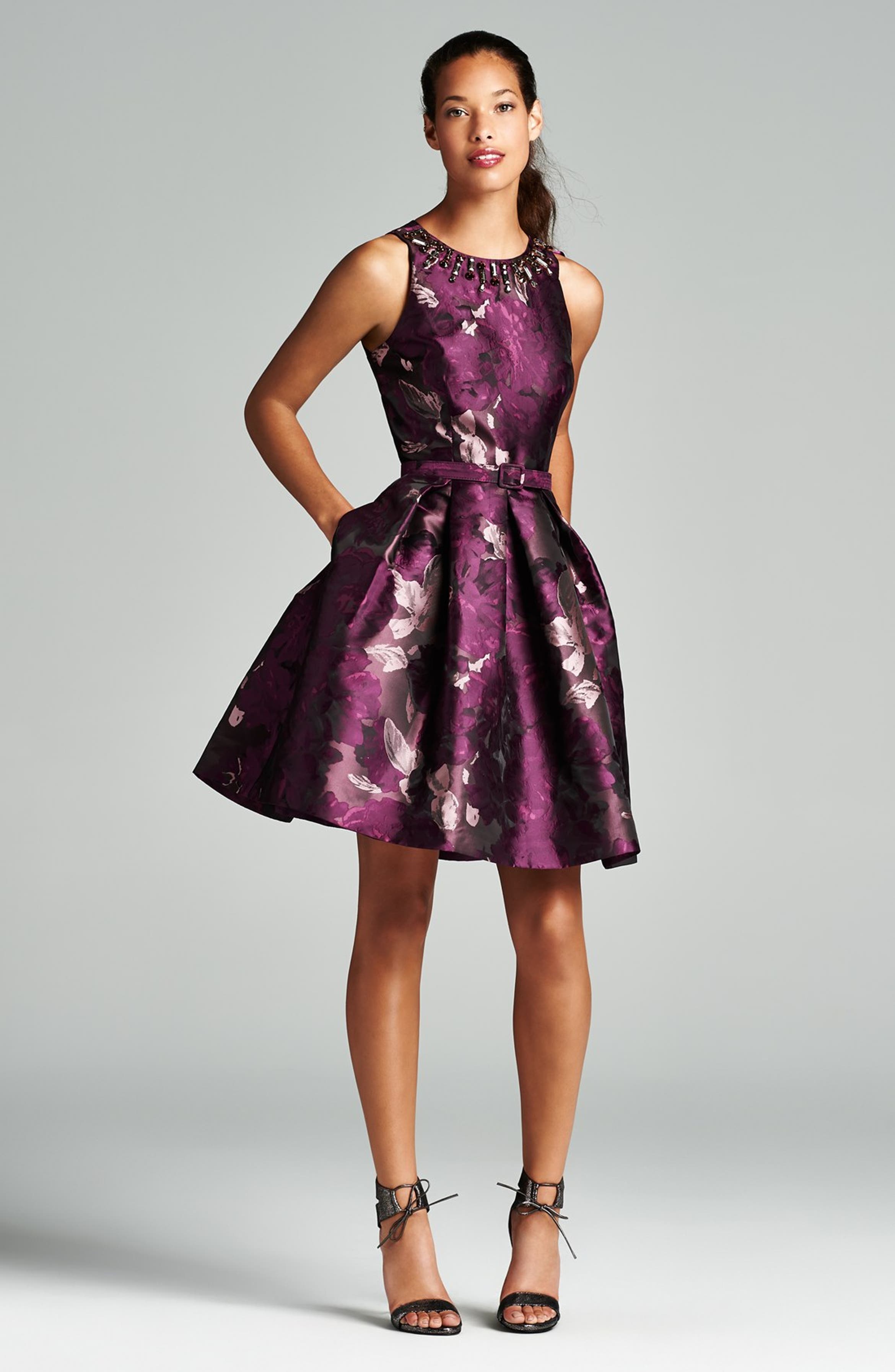 Eliza J Embellished Neck Jacquard Fit & Flare Dress | Nordstrom Eliza J Embellished Neck Jacquard Fit & Flare Dress | Nordstrom