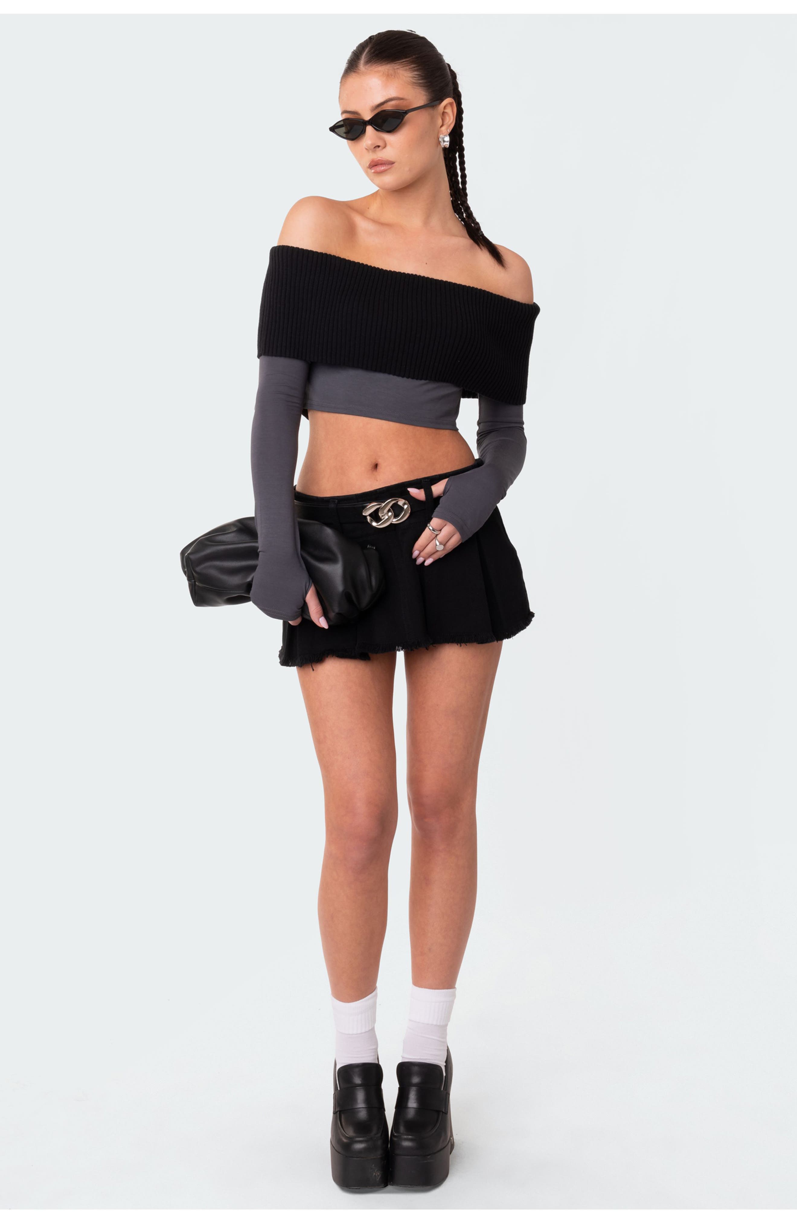 EDIKTED Low Rise Cotton Denim Mini Skort | Nordstrom