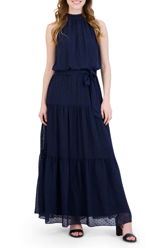 Julia Jordan Mock Neck Three Tier Maxi Dress In Navy | ModeSens