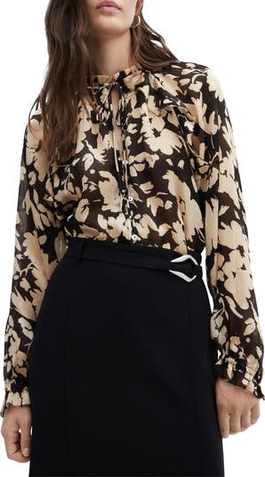 MANGO Flowy Floral Tie Neck Top | Nordstrom