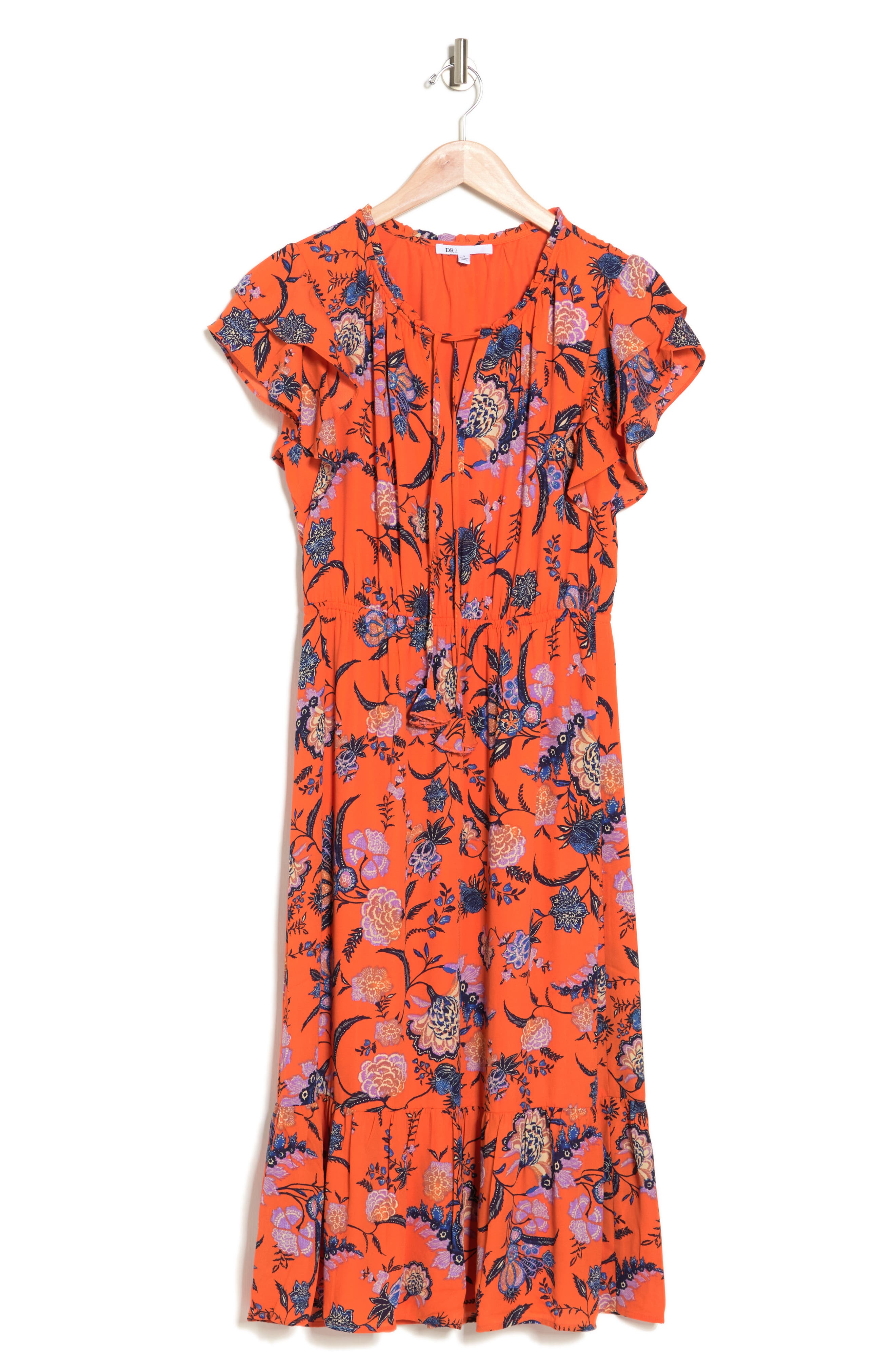 DR2 by Daniel Rainn Flutter Sleeve Front Tie Floral Print Midi Dress ...