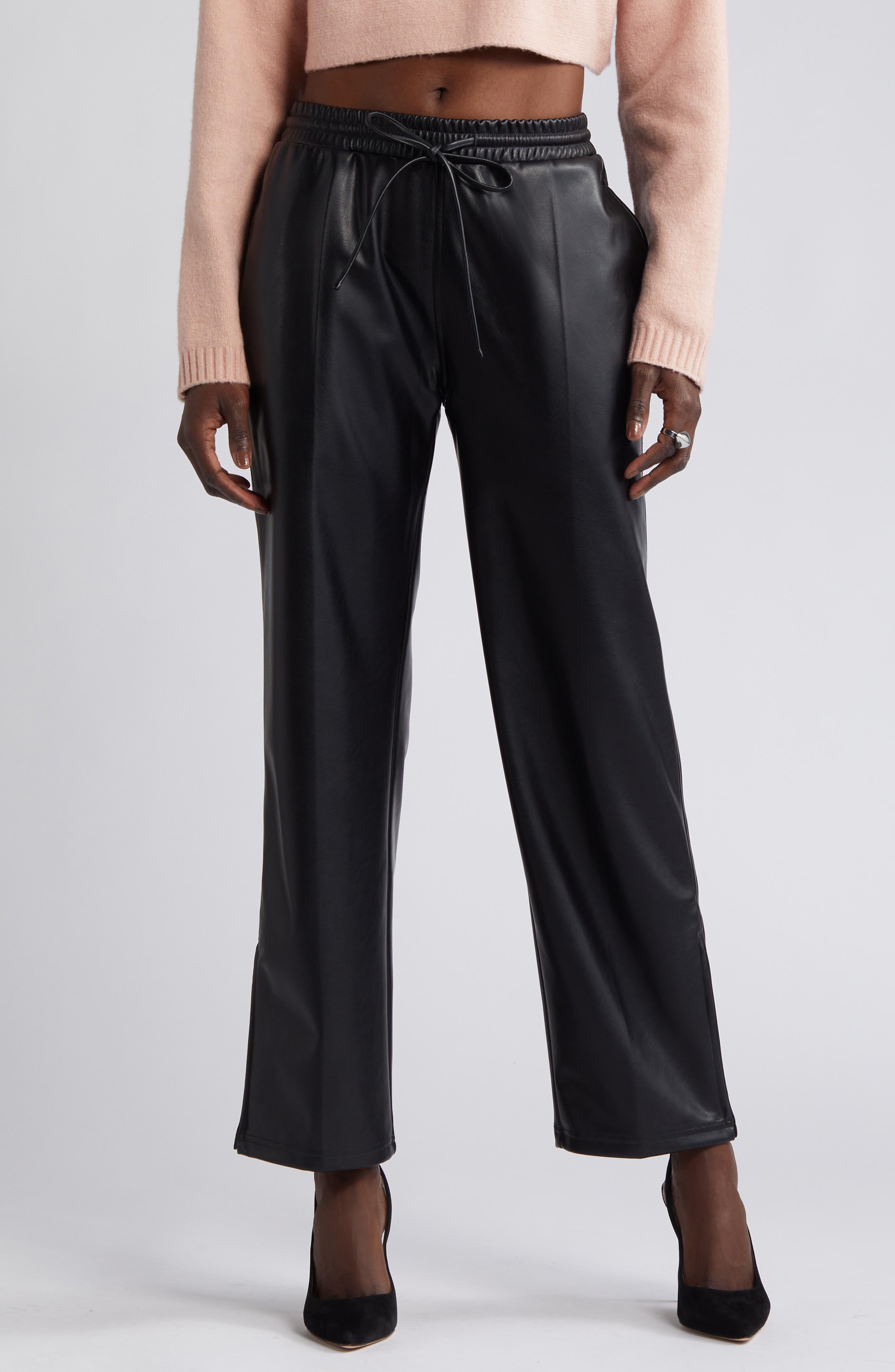 Open Edit Faux Leather Drawstring Track Pants | Nordstrom