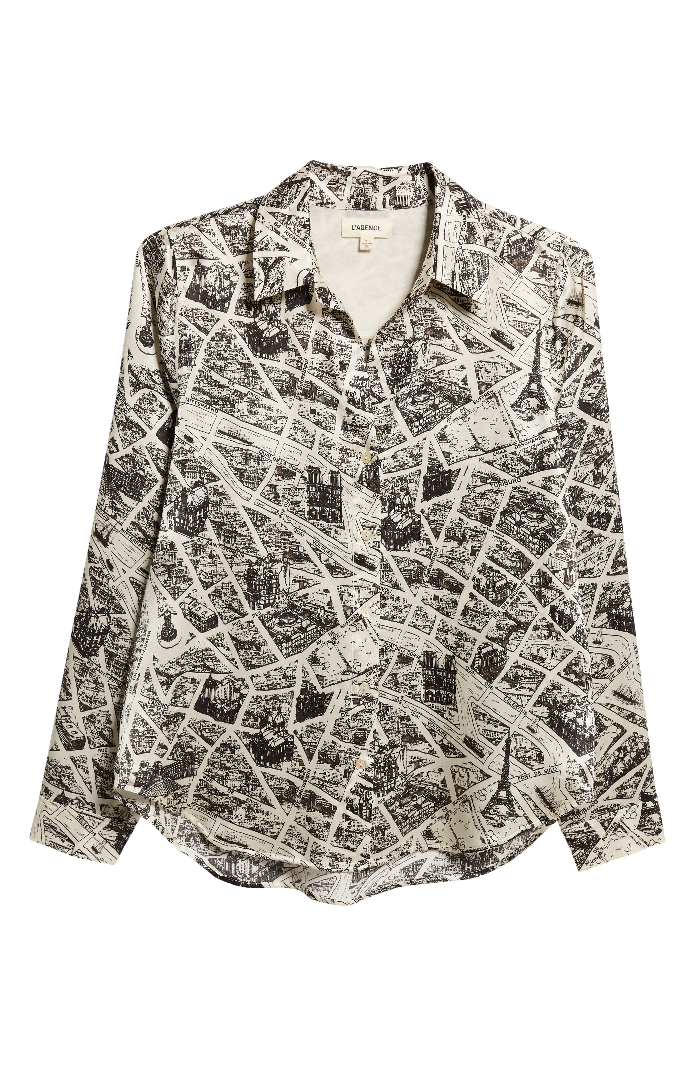 L'AGENCE Tyler Print Silk Shirt in Ecru Multi Map Of Paris | Smart Closet