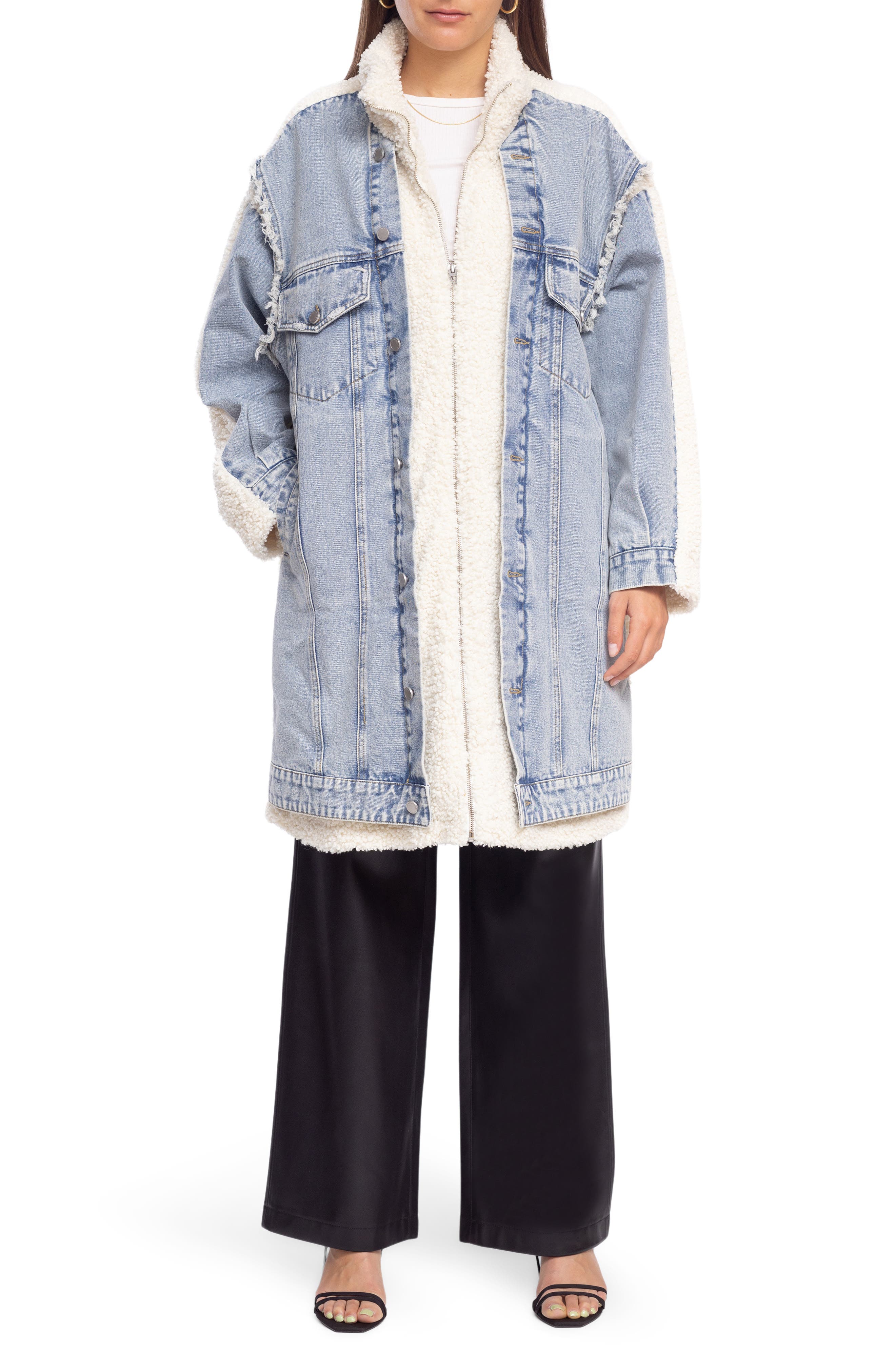 BLANKNYC Longline Denim & Faux Shearling Trucker Jacket | Nordstrom