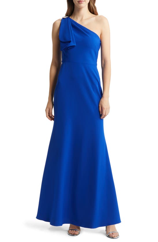 Eliza J Crystal Drape Detail One-shoulder Gown In Cobalt | ModeSens