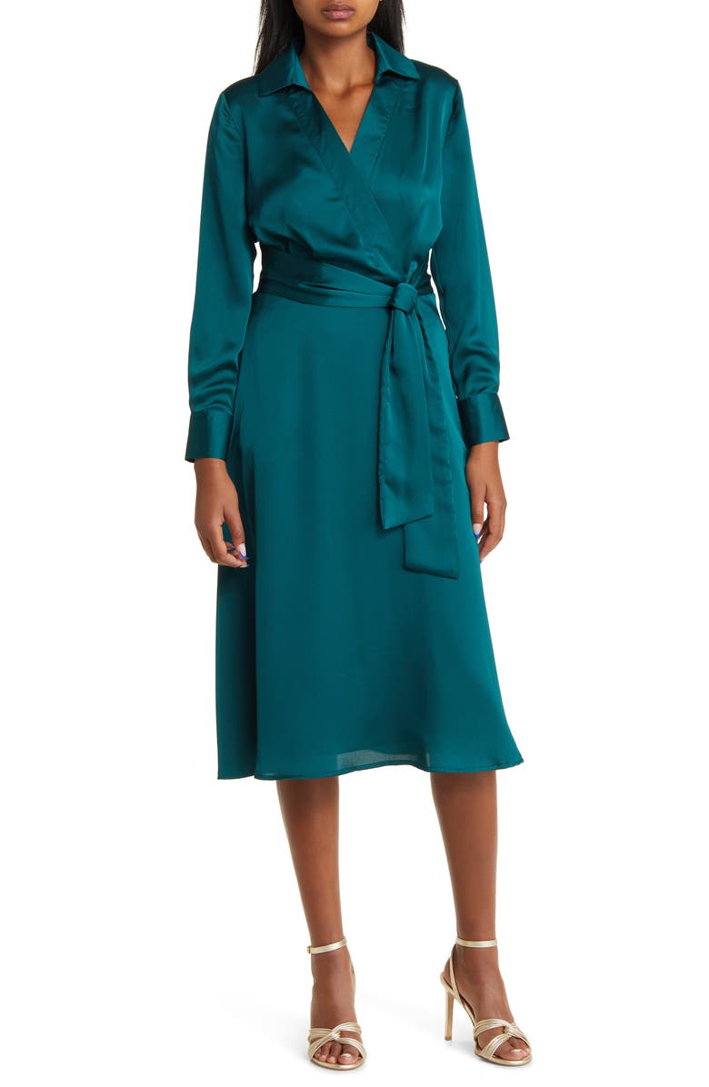 Tahari ASL Long Sleeve Hammered Satin Faux Wrap Midi Shirtdress | Nordstrom