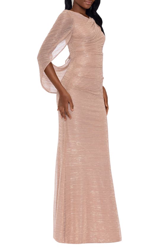 Betsy & Adam Metallic Drape Sleeve Sheath Gown In Champagne | ModeSens