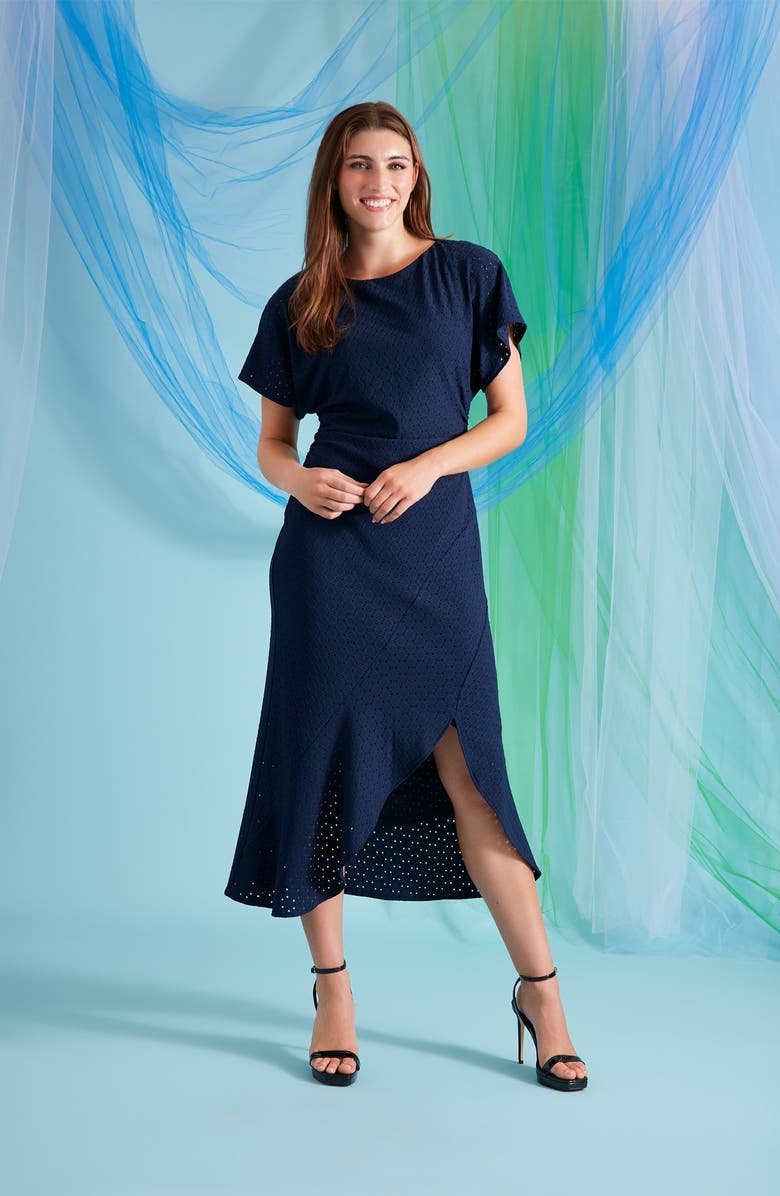 London Times Eyelet Short Sleeve Tulip Hem Midi Dress | Nordstromrack