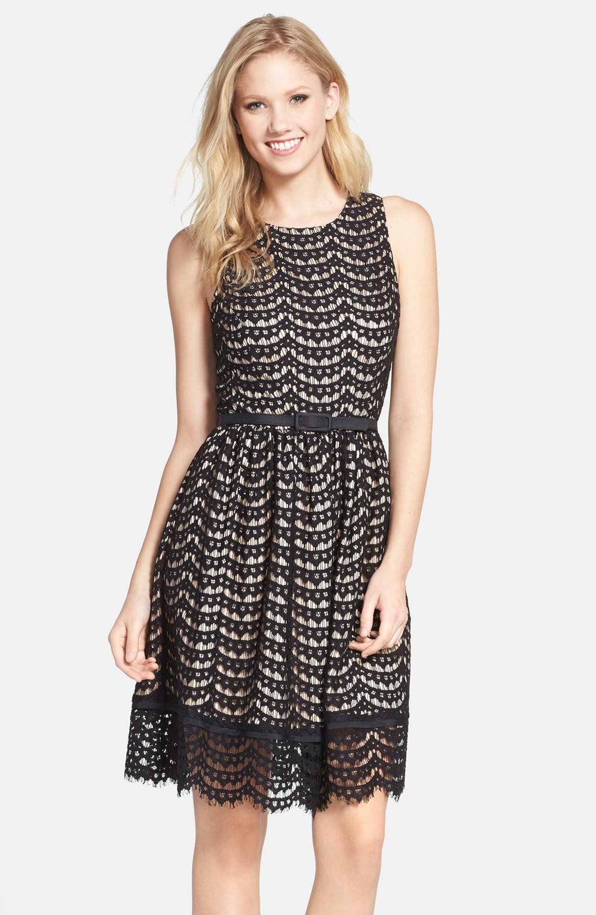 Eliza J Belted Lace Fit And Flare Dress Nordstrom
