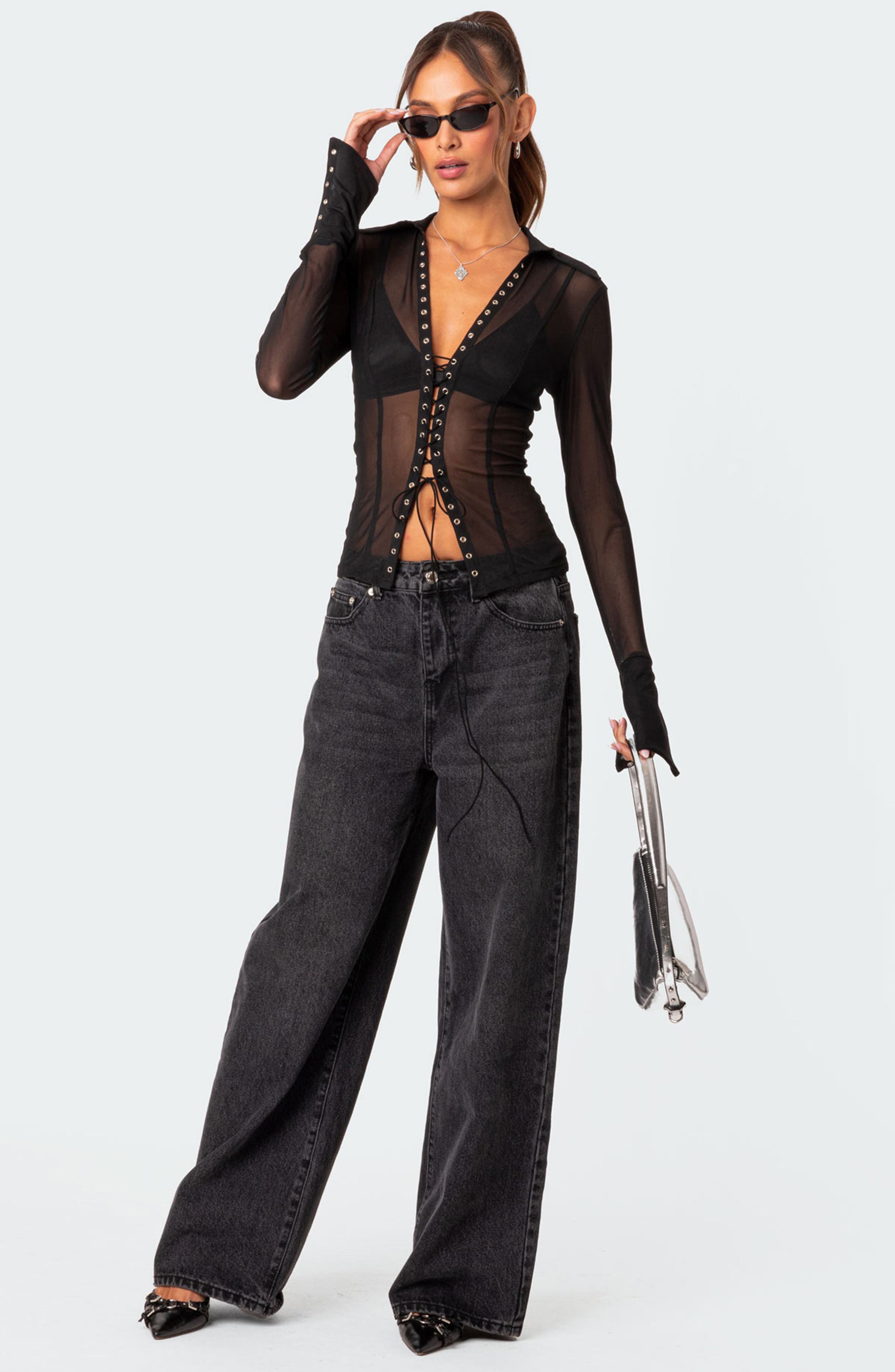 EDIKTED Lace-Up Sheer Mesh Top | Nordstrom