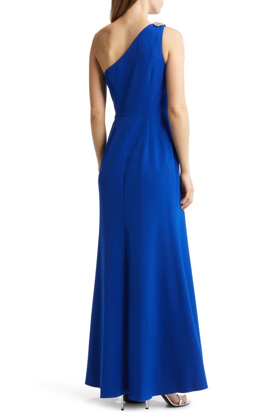 Eliza J Crystal Drape Detail One-shoulder Gown In Cobalt | ModeSens