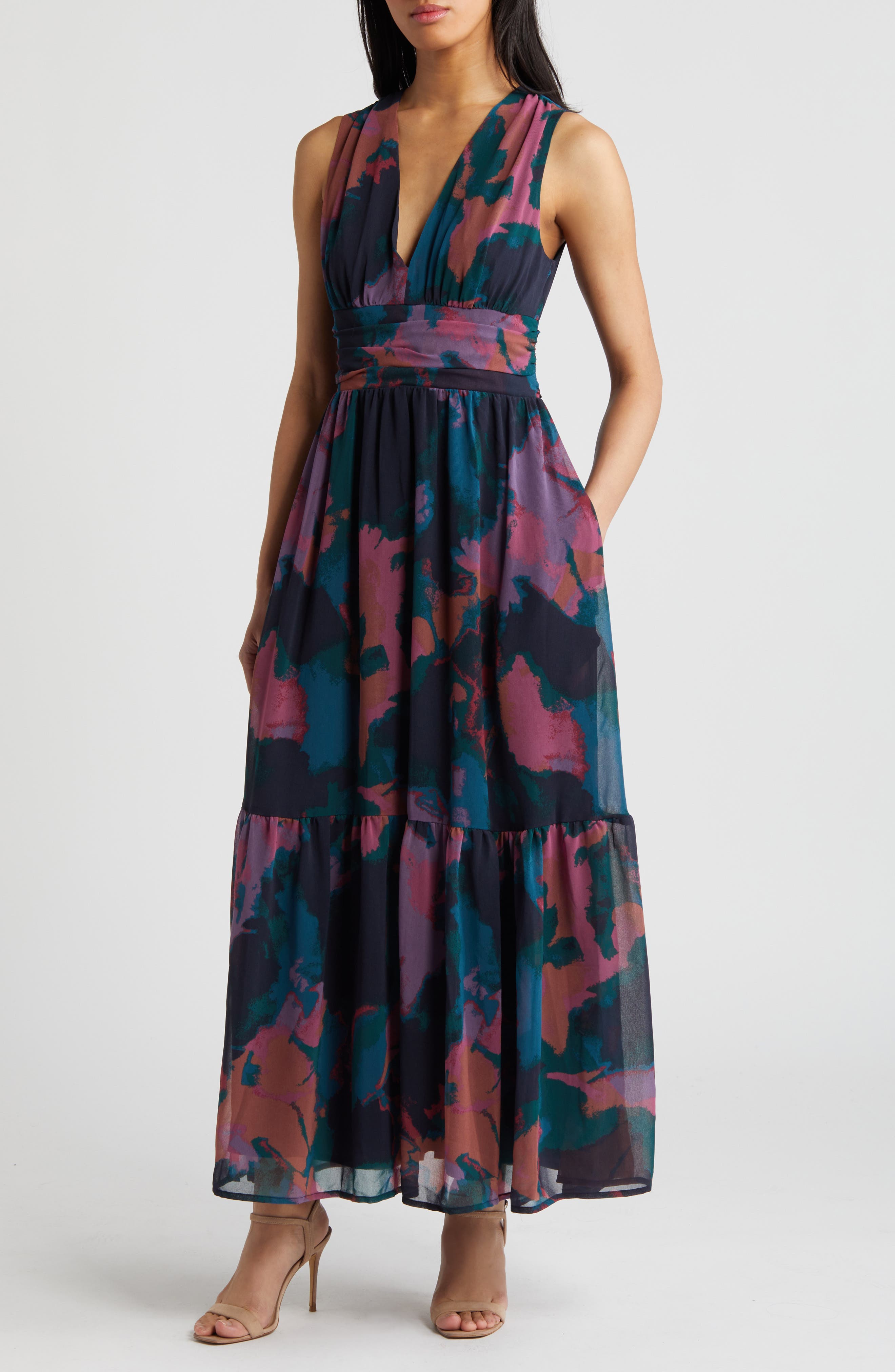 Chelsea28 Print Sleeveless Chiffon Maxi Dress In Teal- Purple Varied ...
