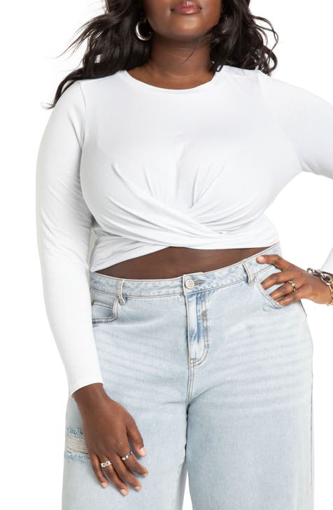 Crossover Hem Long Sleeve Crop Top (Plus Size)