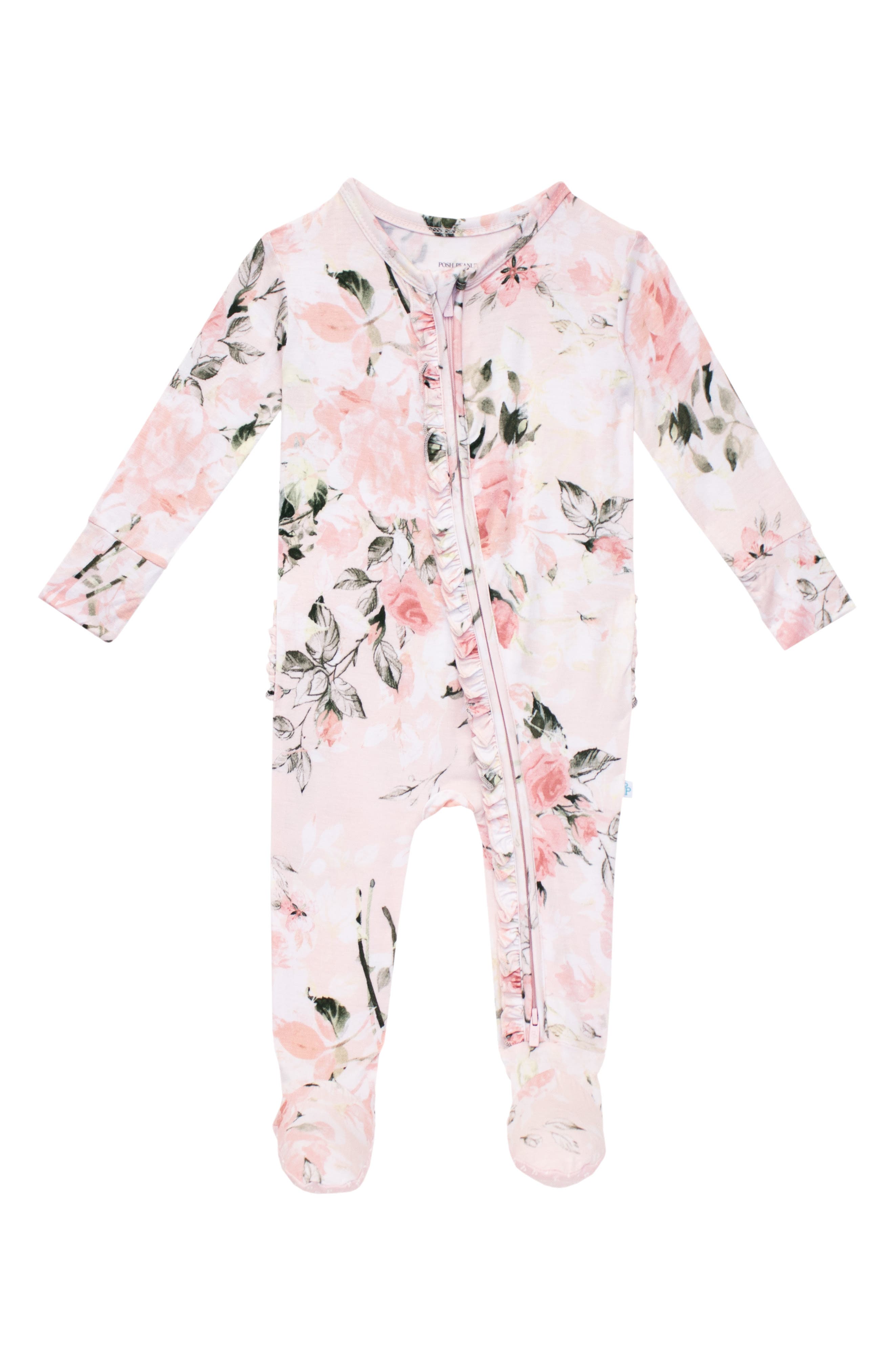 Posh Peanut Vintage Pink Rose Ruffle Fitted Footie Pajamas | Nordstrom
