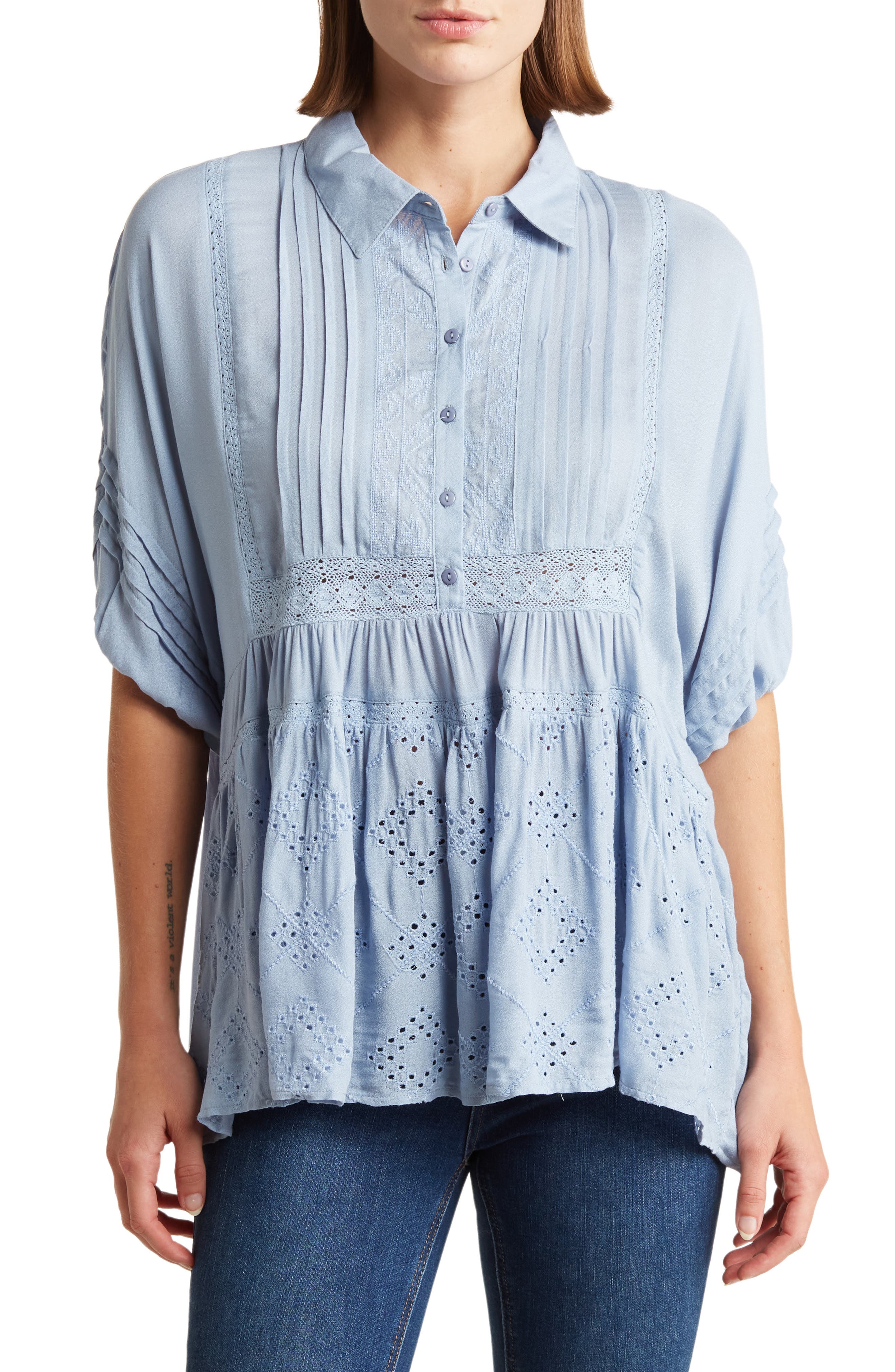 LIV LOS ANGELES Mixed Media Eyelet Button-Up Blouse | Nordstromrack