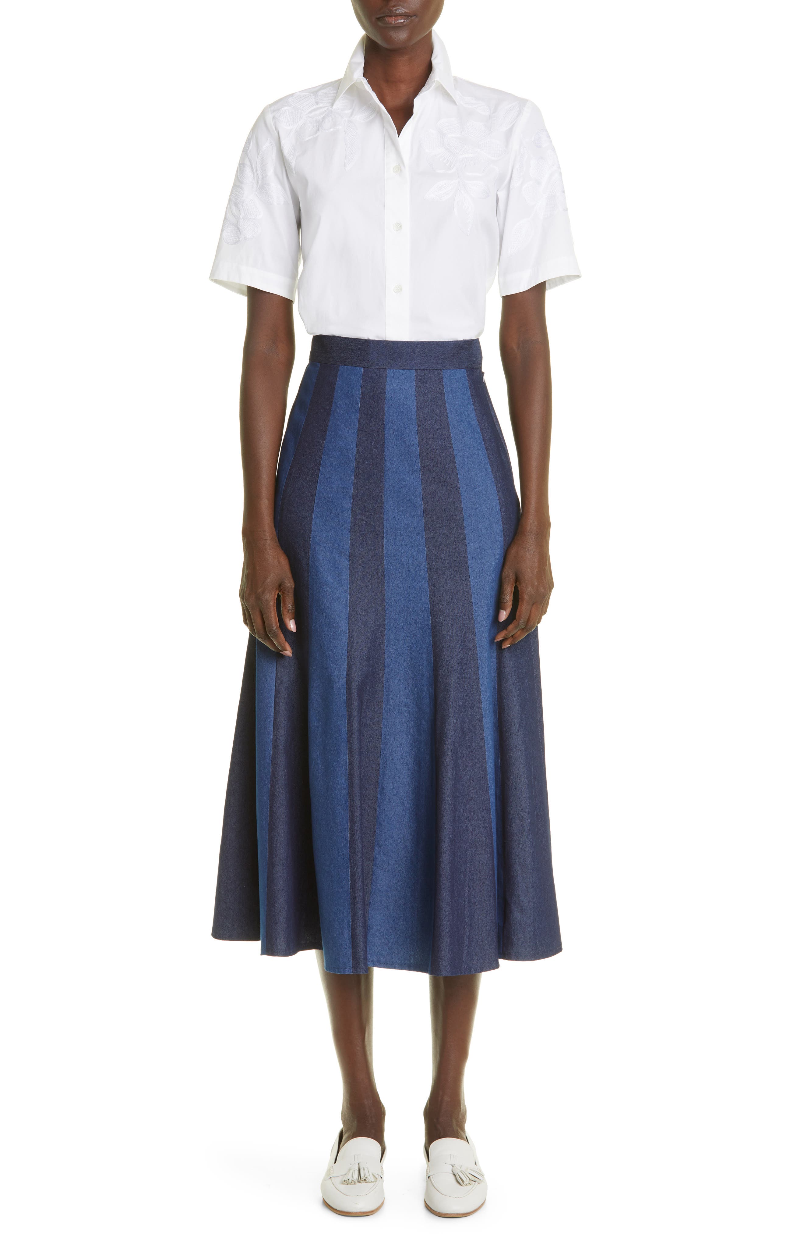 Carolina Herrera Stripe Bias Seam Denim Skirt | Nordstrom