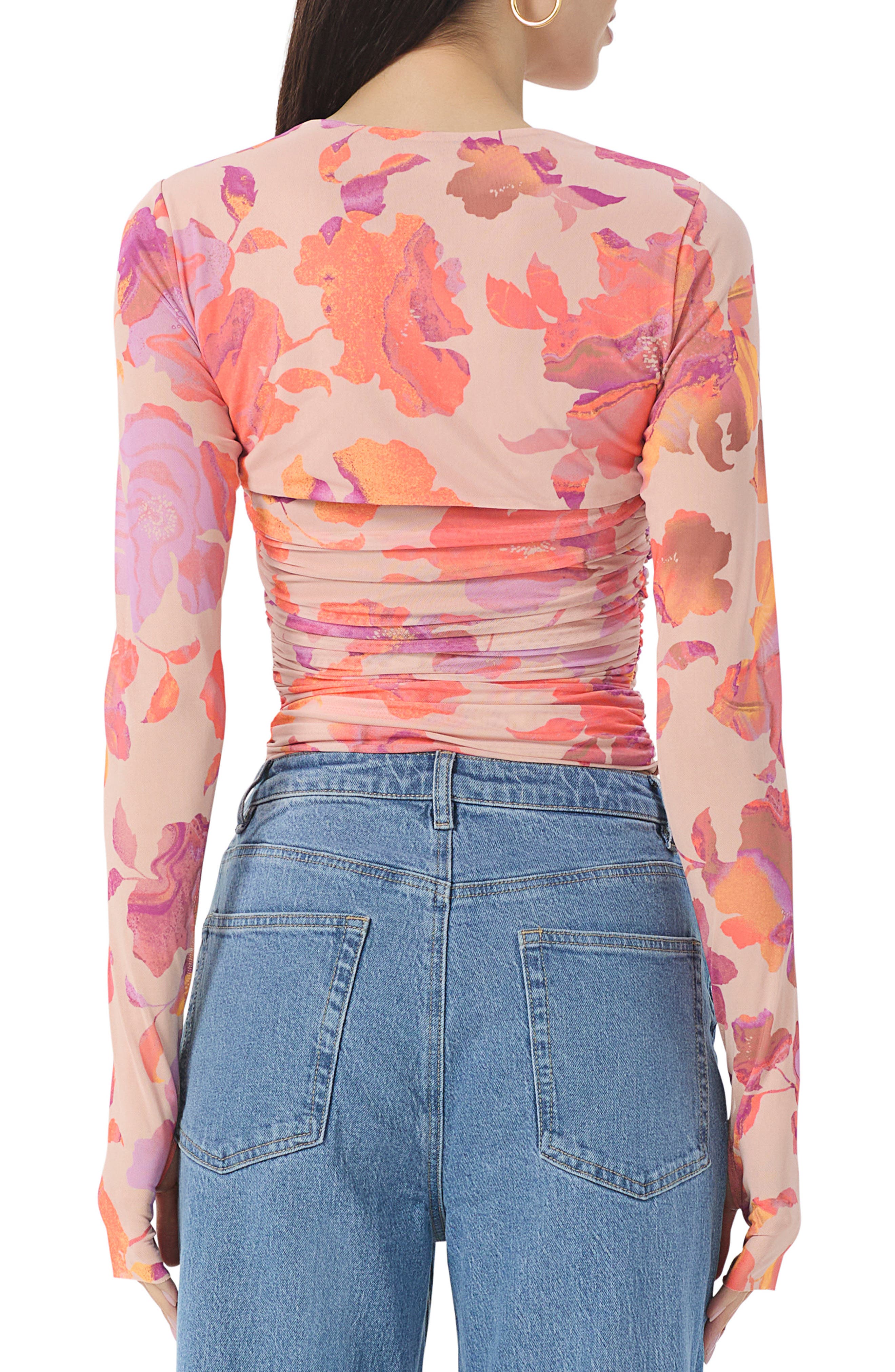 AFRM Julie Cutout Detail Stretch Cotton Mesh Top in Nude Marble Floral ...