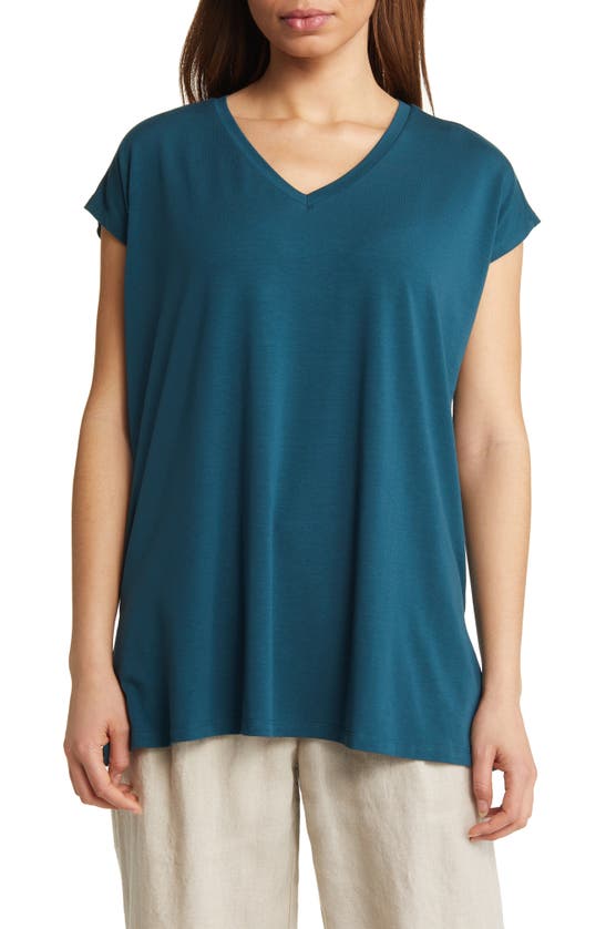 Eileen Fisher V-neck Long Boxy Top In Pacific | ModeSens