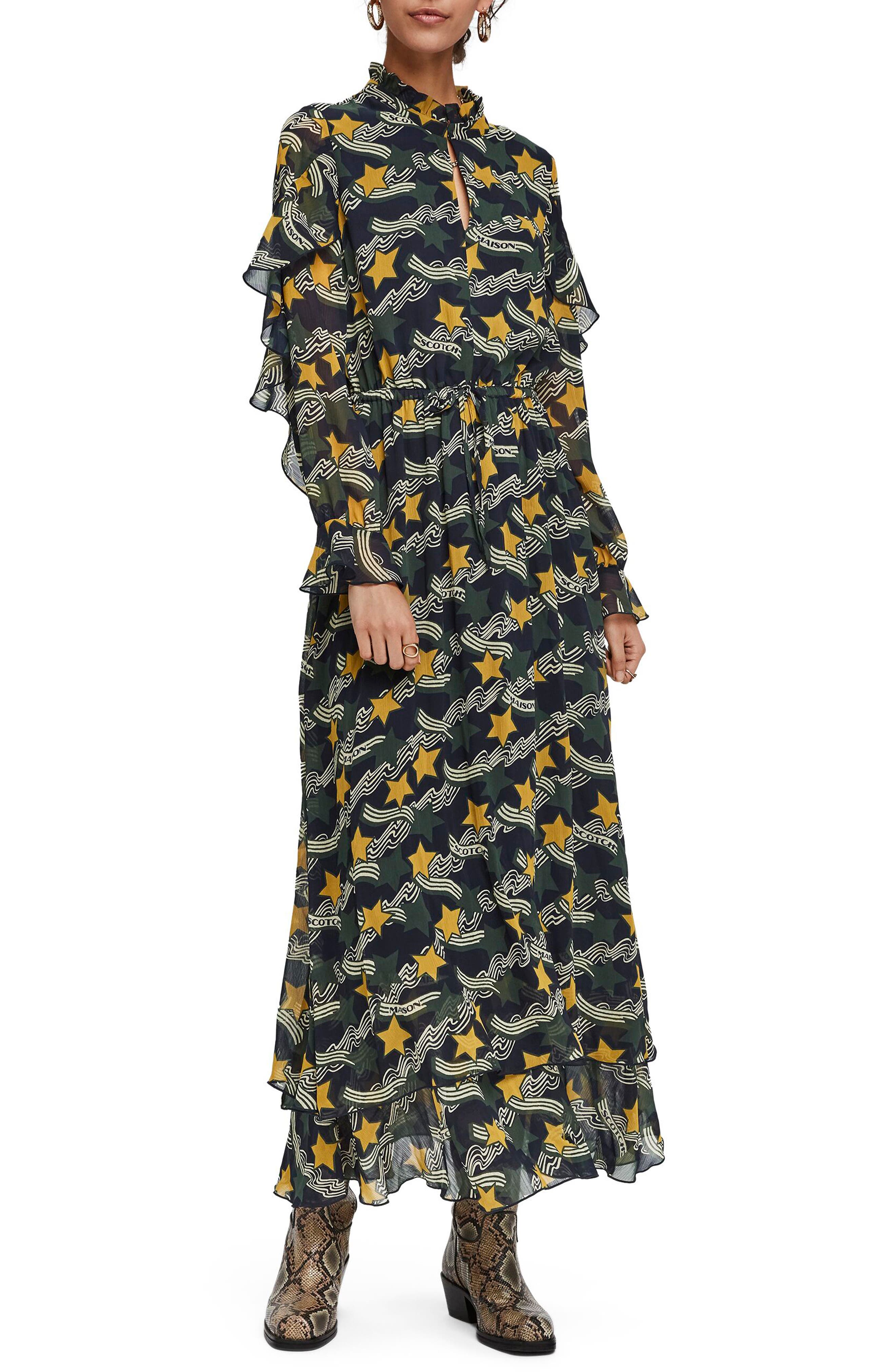 UPC 015100002564 - Women's Scotch & Soda Print Long Sleeve Ruffle Maxi ...