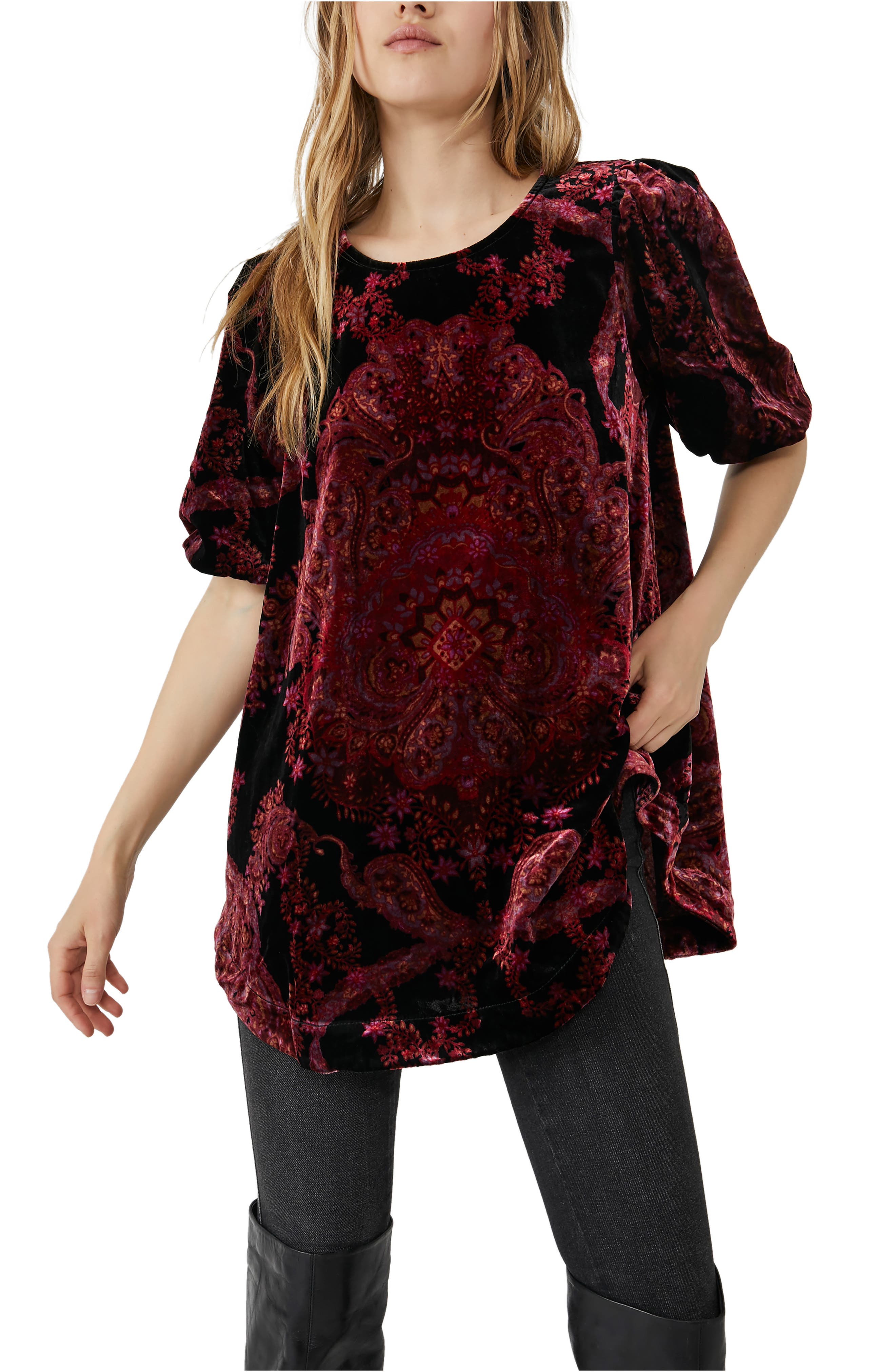 Free People Maye Print Puff Sleeve Velvet Tunic Top | Nordstrom