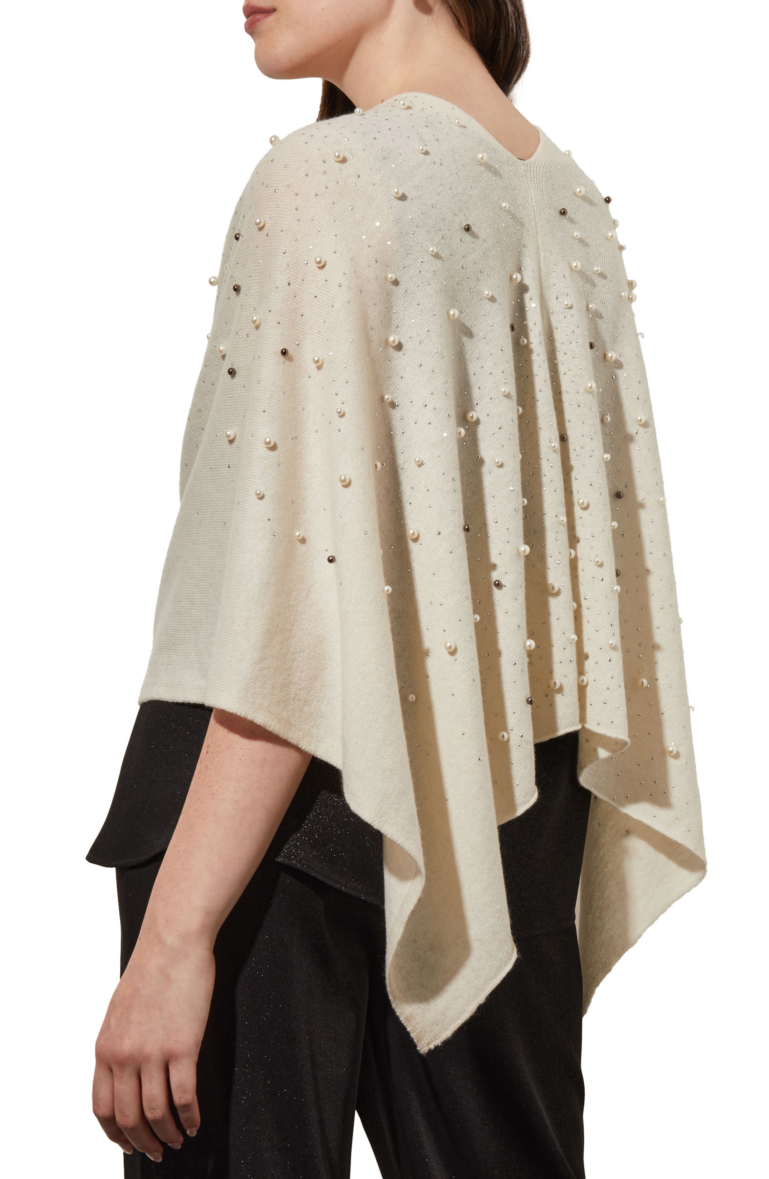 Ming Wang Imitation Pearl & Bead Detail Wool & Cashmere Poncho | Nordstrom