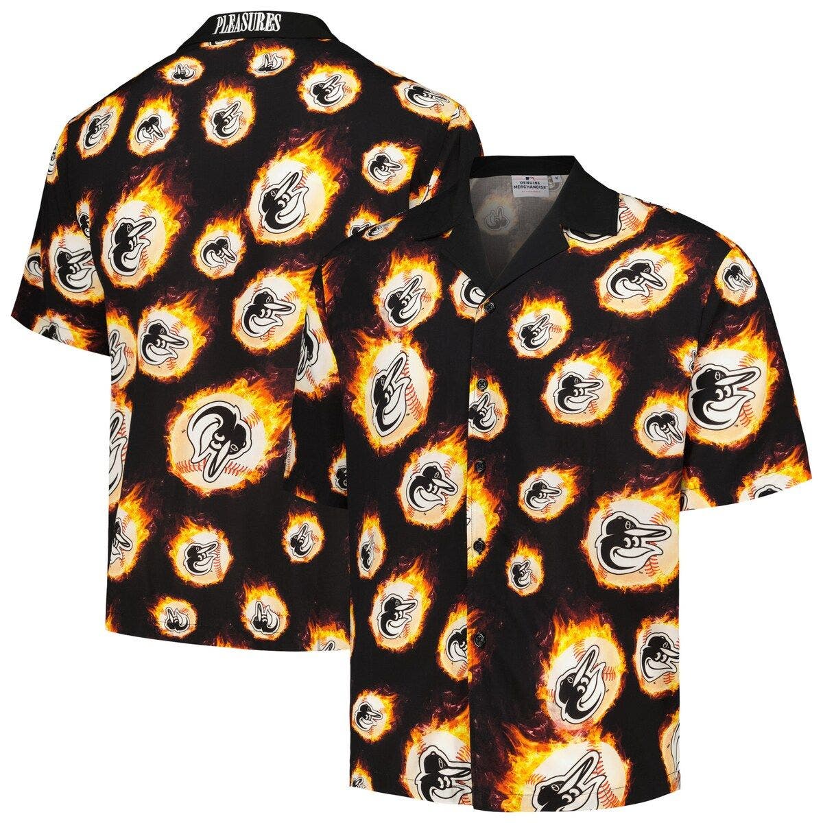 PLEASURES Men's PLEASURES Black Baltimore Orioles Flame Fireball Button ...