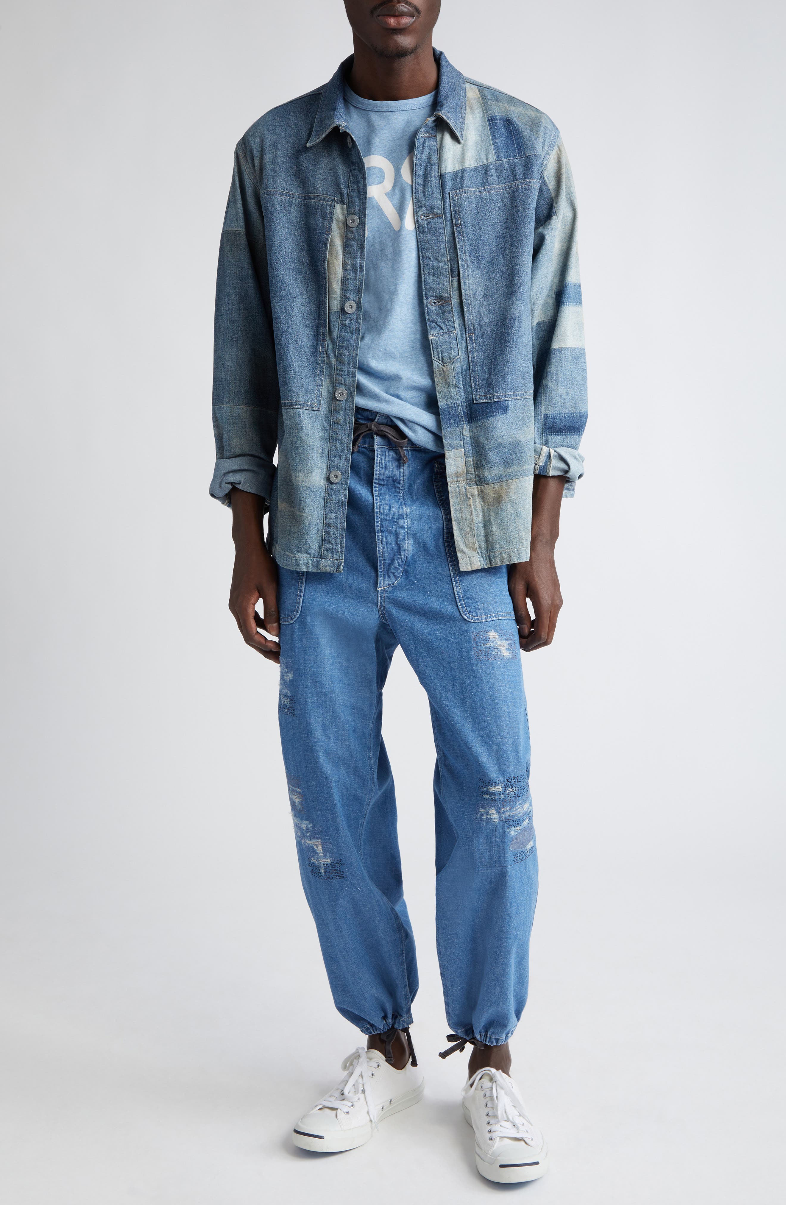 Double RL Patchwork Denim Button-Up Overshirt in Indigo | Smart Closet