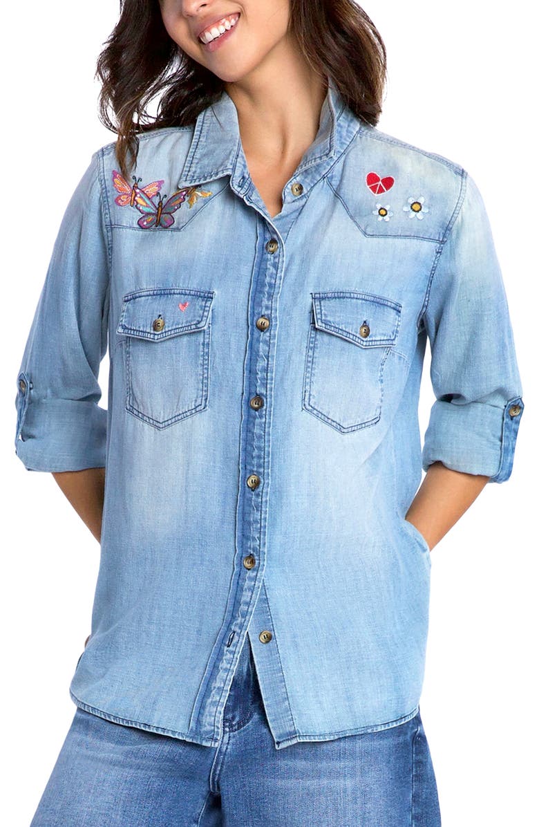 Billy T Butterfly Kiss Embroidered Denim Graphic Button-Up Shirt ...