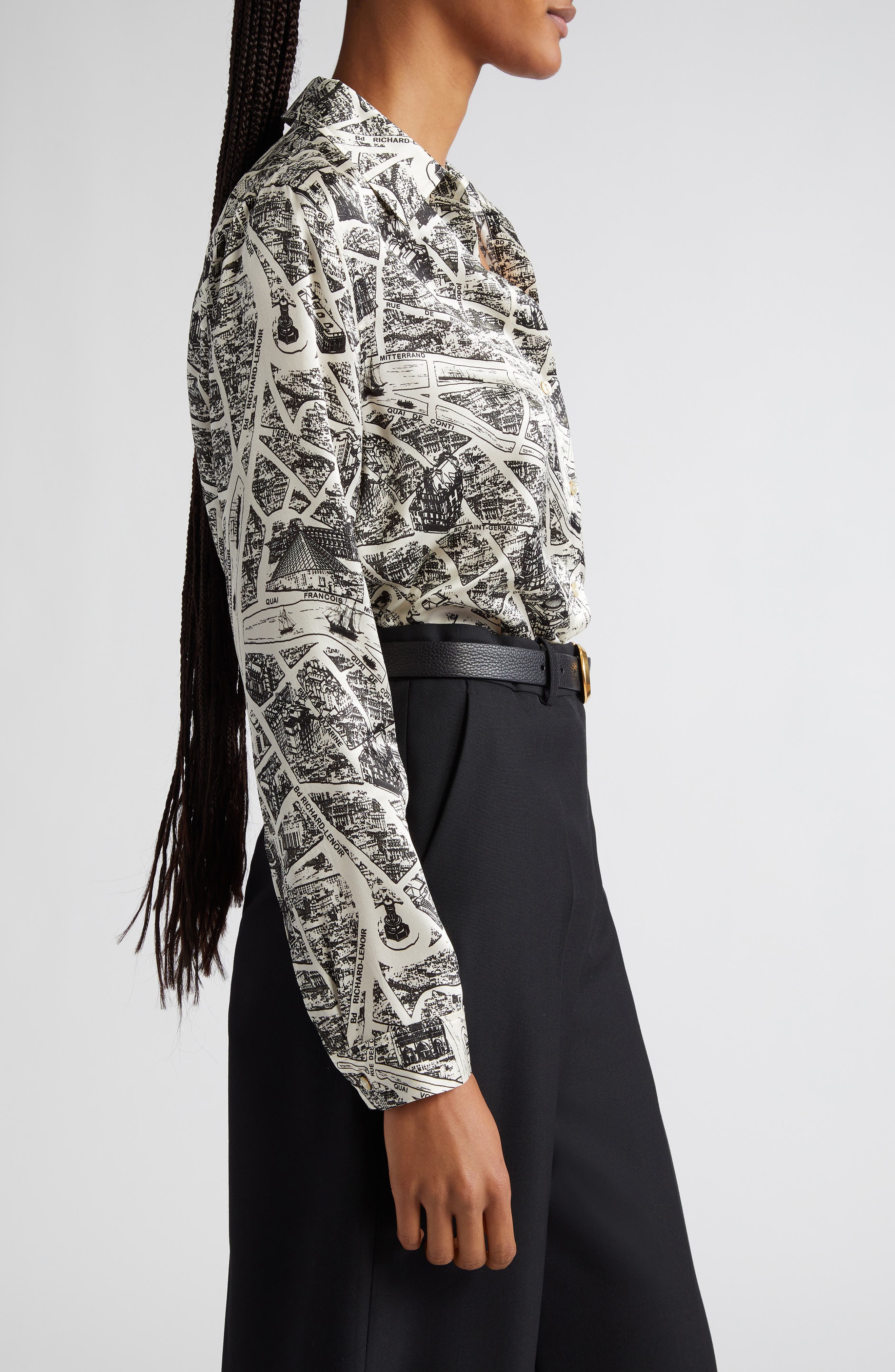 L'AGENCE Tyler Print Silk Shirt in Ecru Multi Map Of Paris | Smart Closet