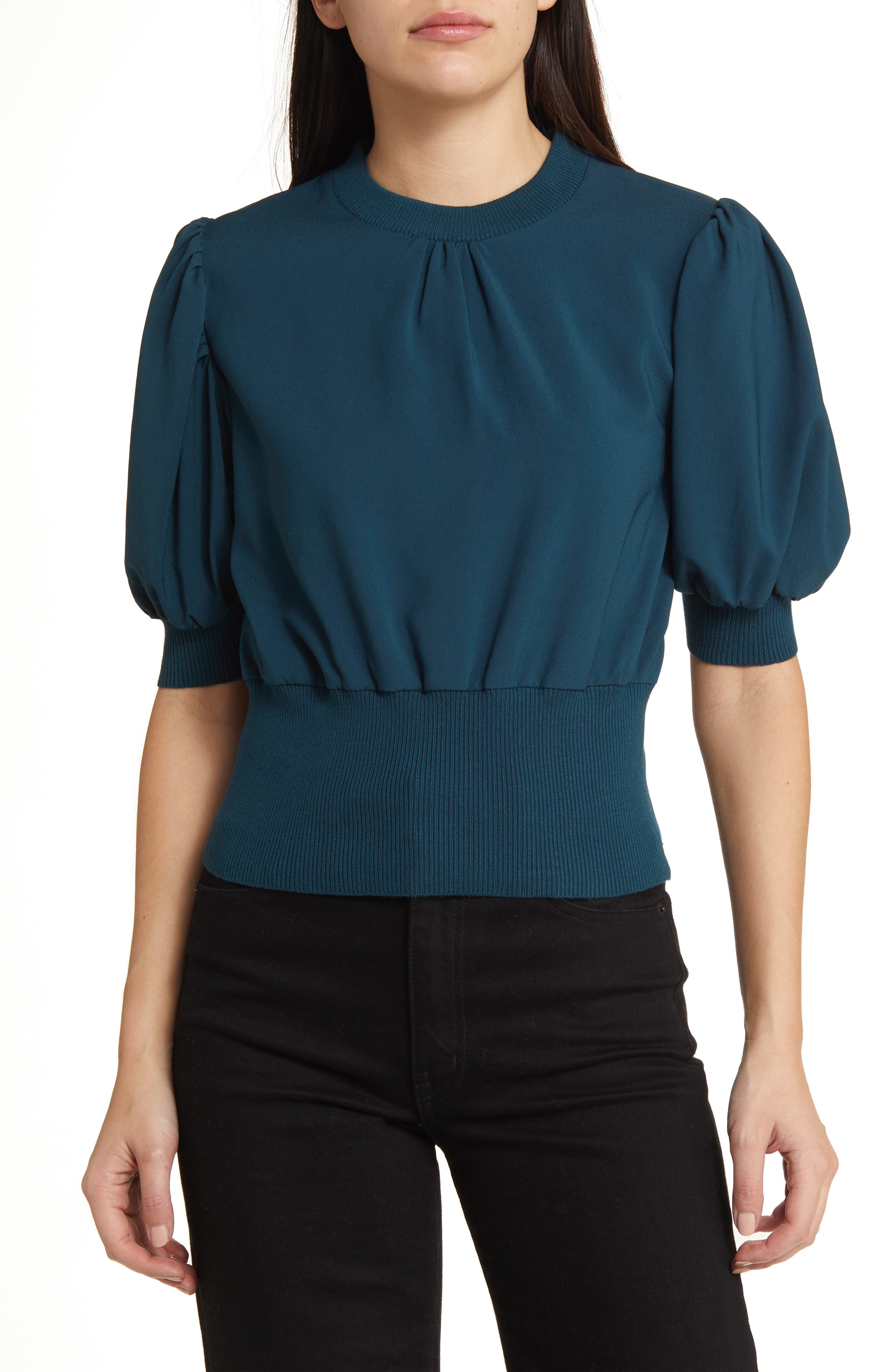 French Connection Jenna Rib Trim Puff Sleeve Top | Nordstrom