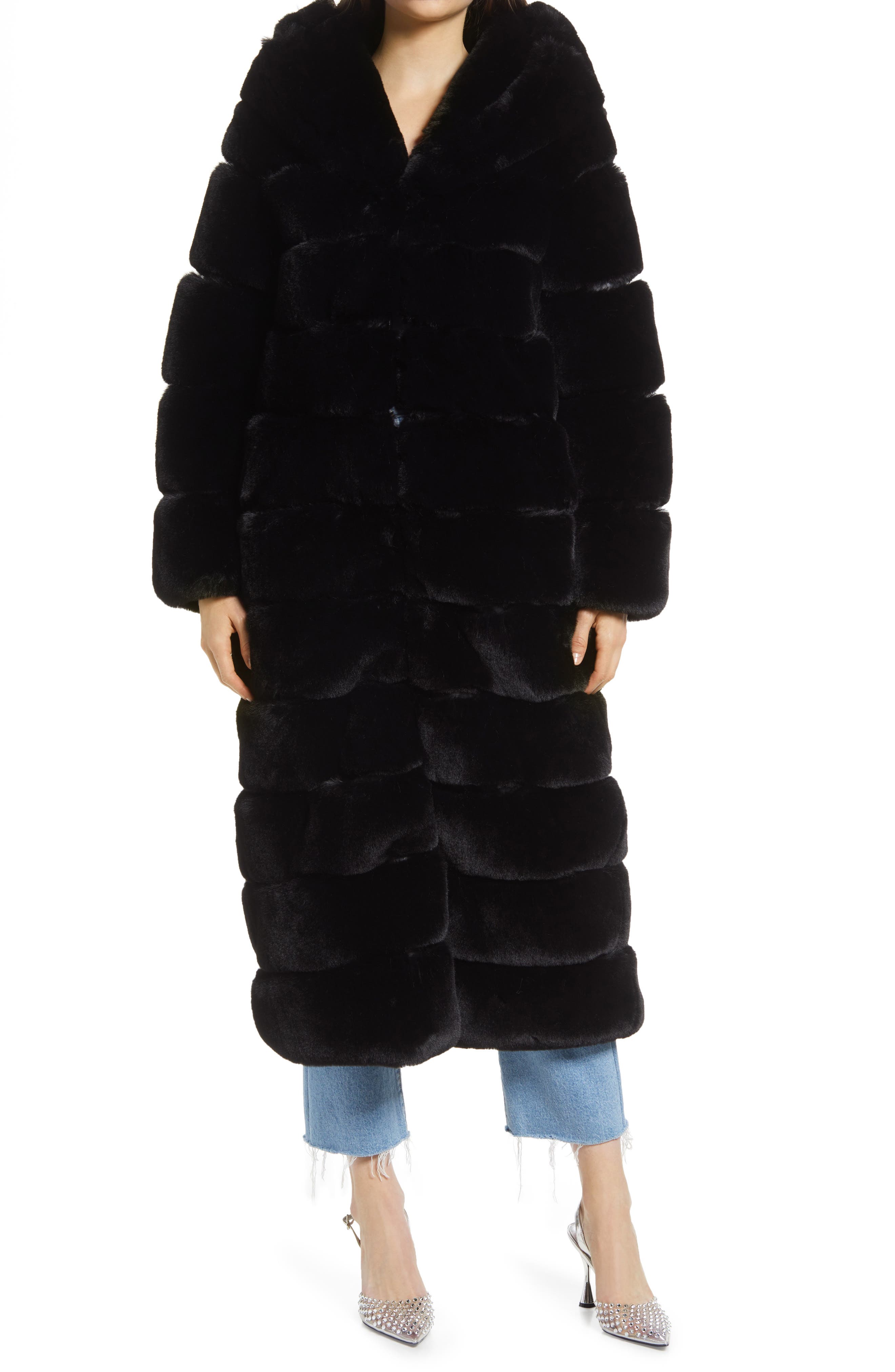 AZALEA WANG Faux Fur Midi Coat in Black | Smart Closet