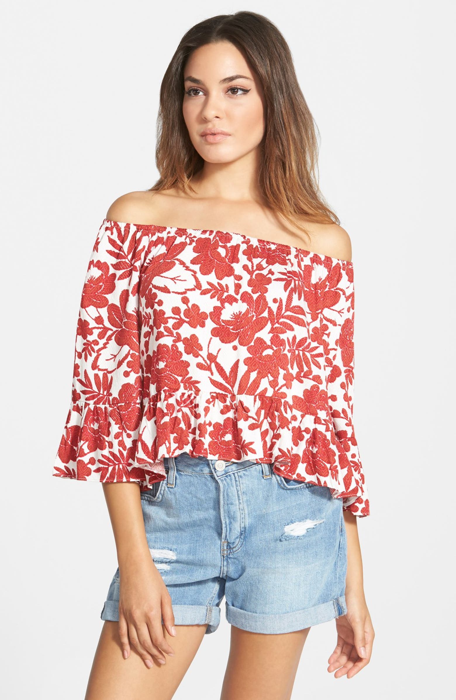 Topshop Long Sleeve Floral Bardot Top Nordstrom