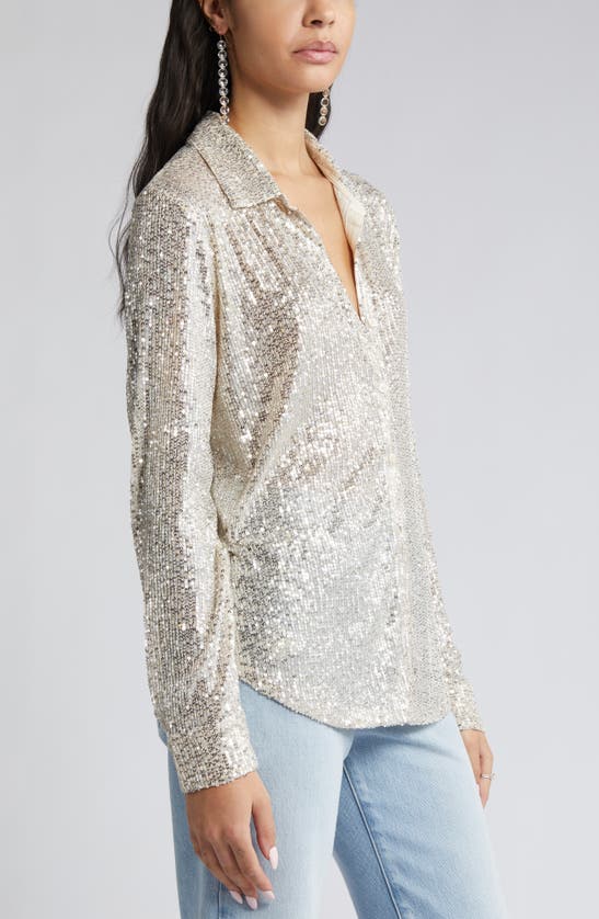 Open Edit Sequin Button-up Shirt In Silver | ModeSens