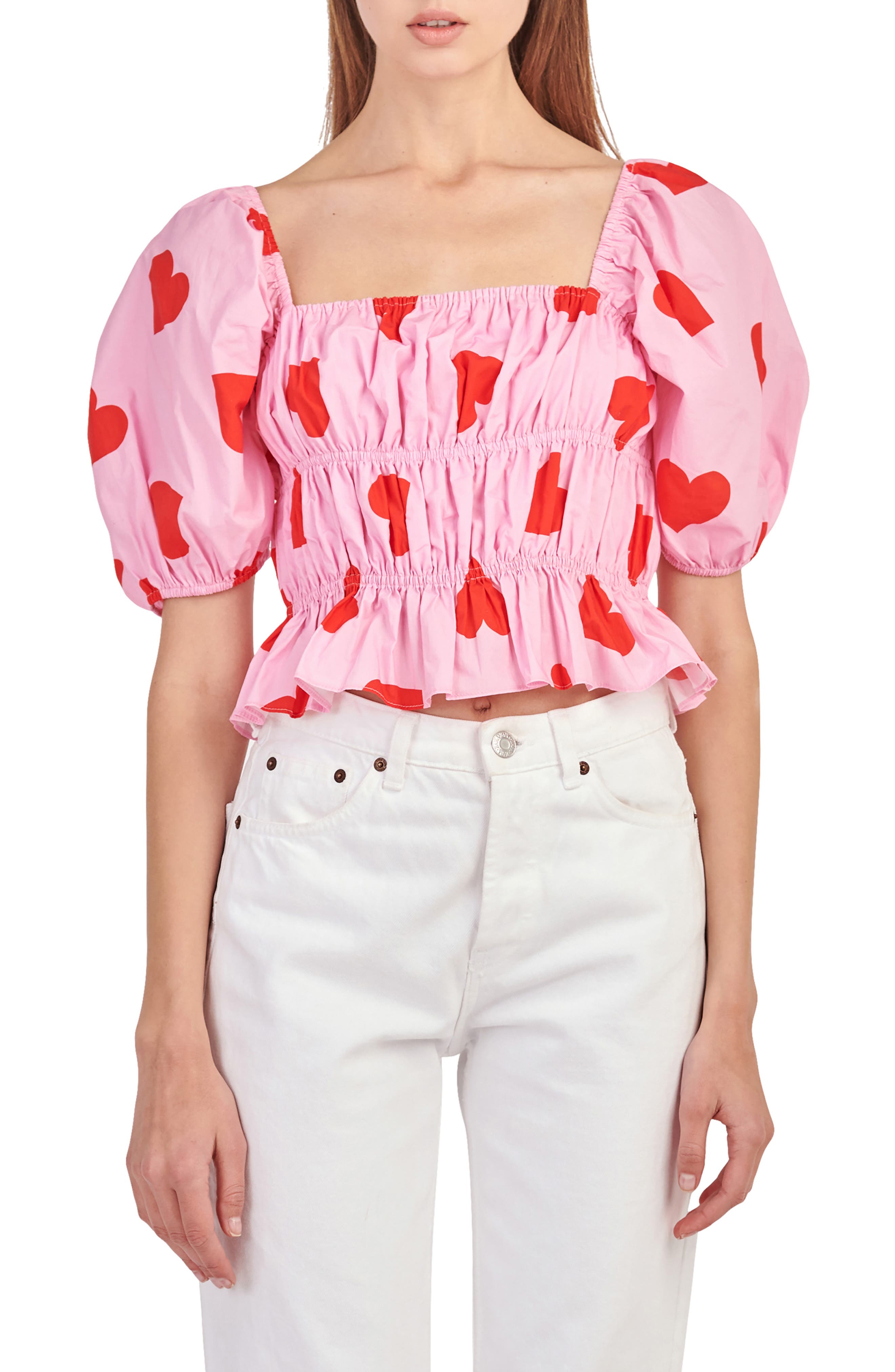 English Factory Heart Shape Shirred Crop Blouse | Nordstrom