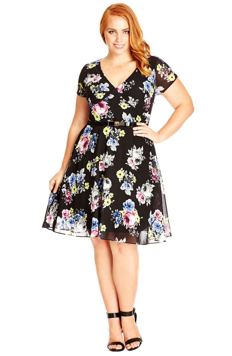 City Chic Fluro Floral Print Belted Fit And Flare Dress Plus Size