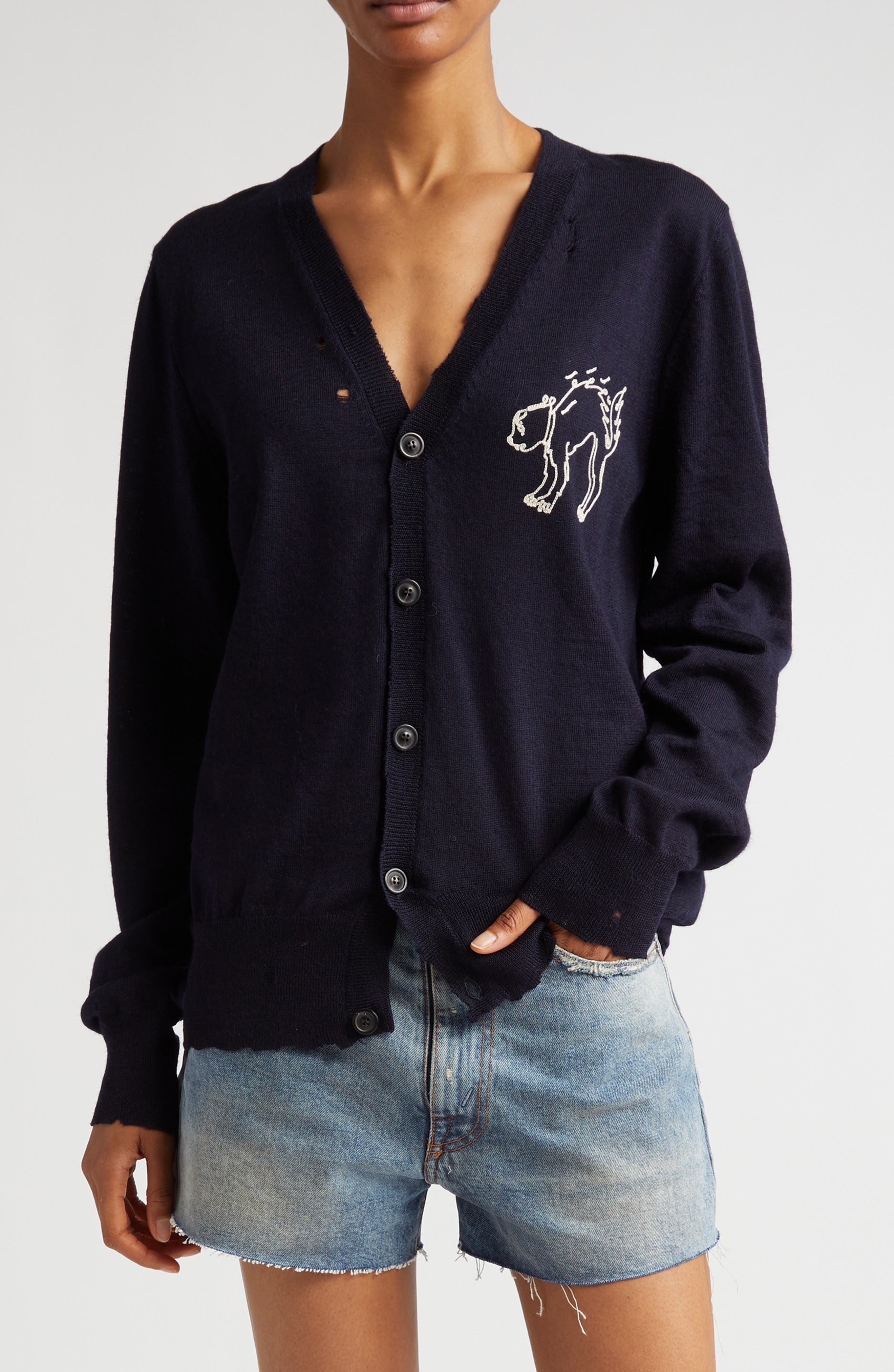 Maison Margiela Cat Embroidered Distressed Wool Cardigan | Nordstrom