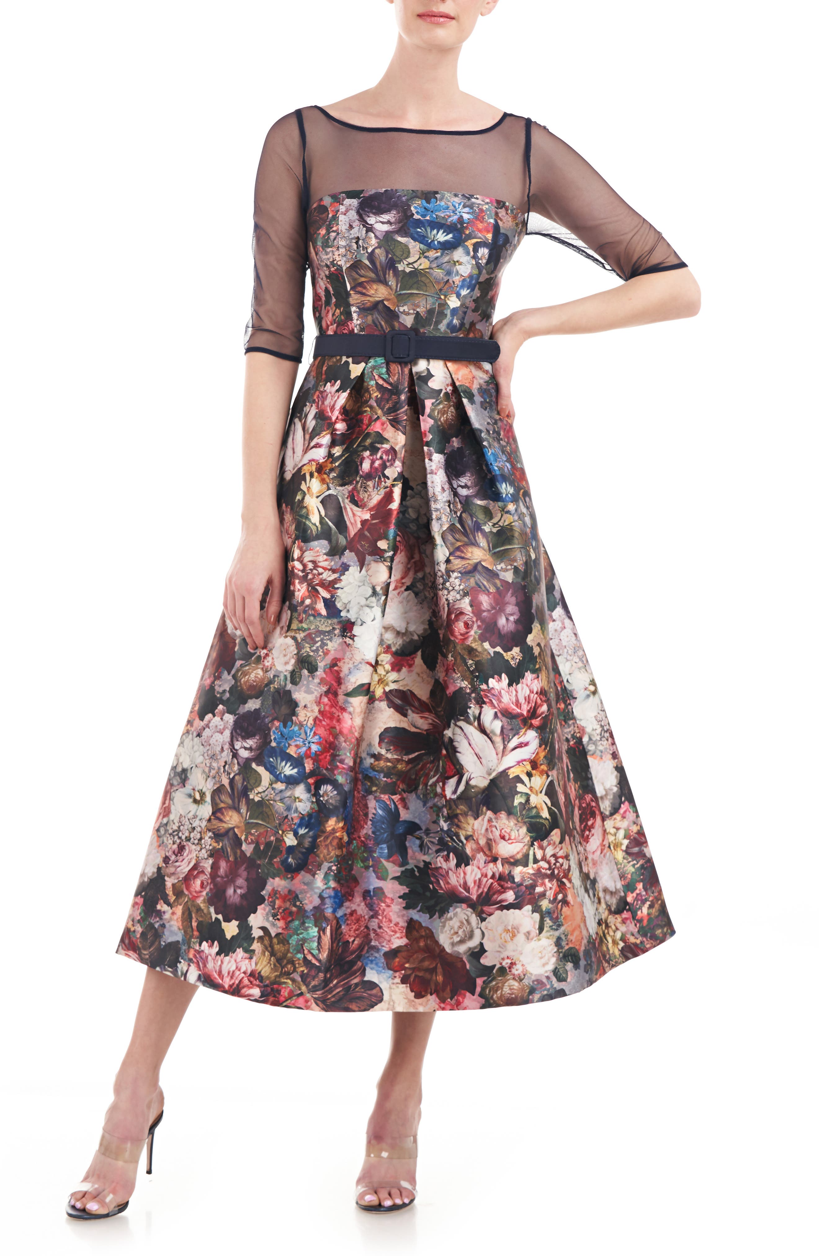 Kay Unger Bonnie Floral Mixed Media Midi Cocktail Dress | Nordstrom