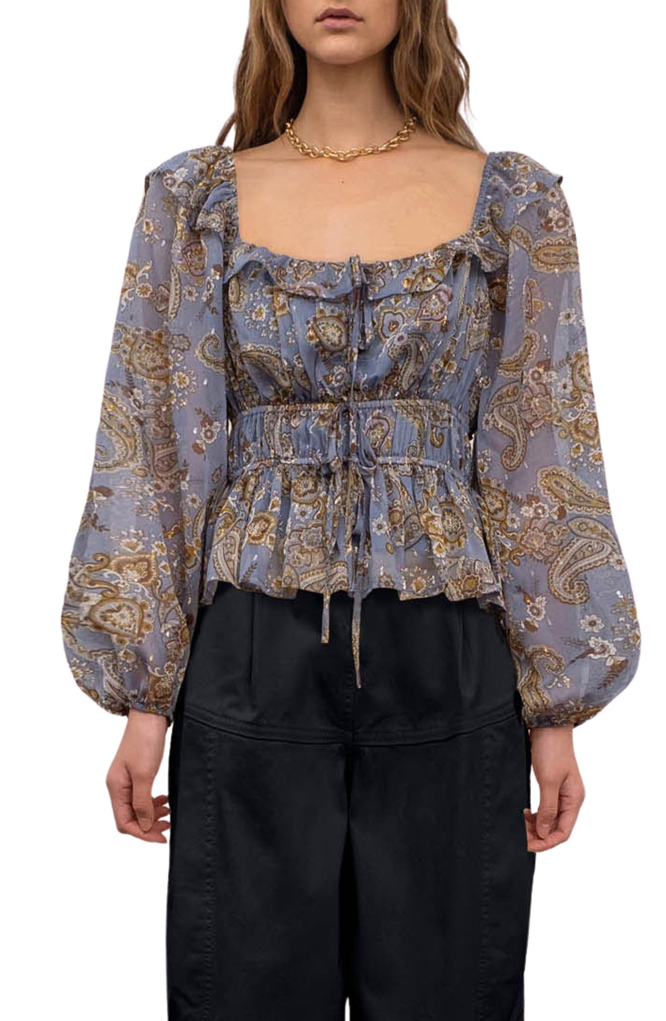 MOON RIVER Square Neck Paisley Shirred Ruffle Top | Nordstromrack
