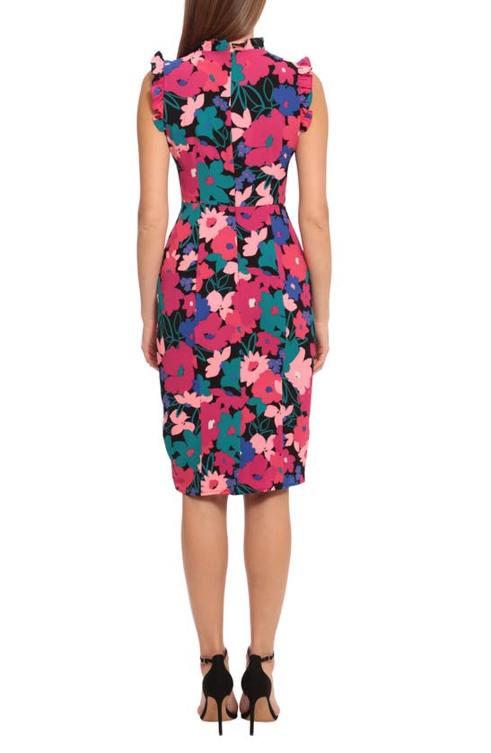 Maggy London Floral Print Ruffle Sheath Dress In Black/ Bright Rose ...