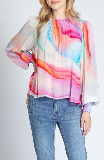 APNY Print Smocked Cuff Long Sleeve Chiffon Top | Nordstrom