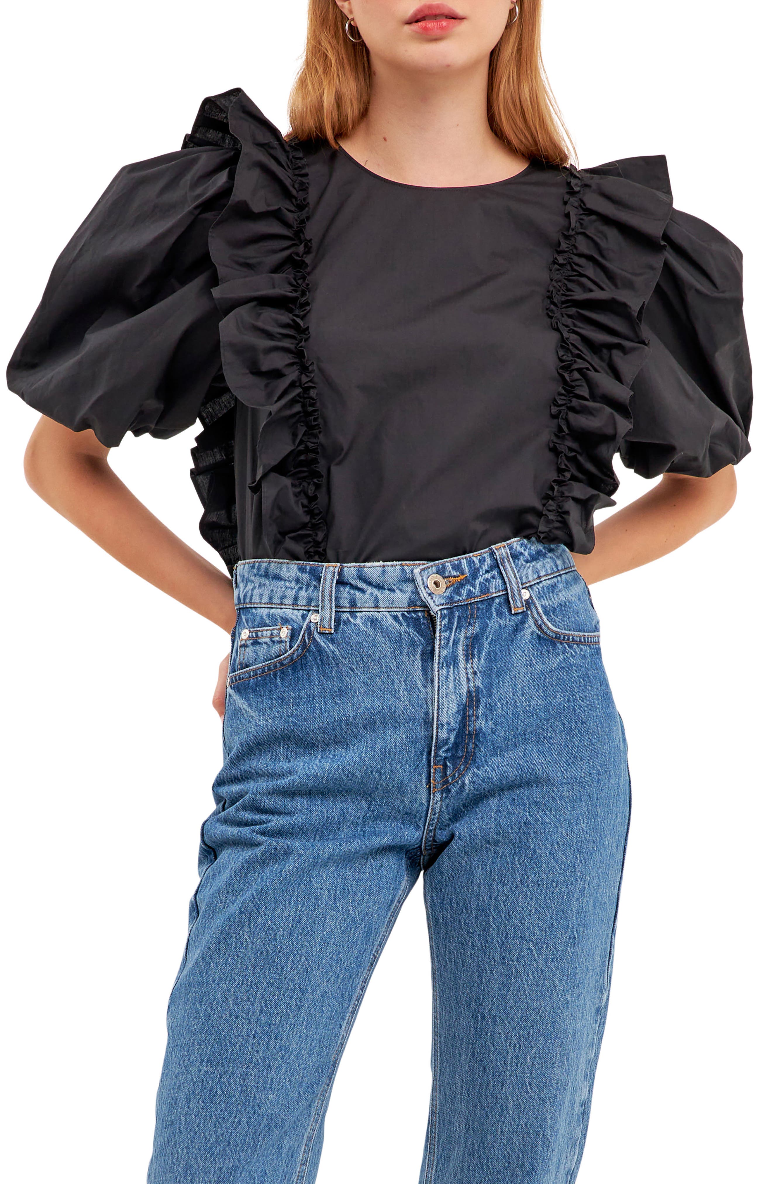 English Factory Double Ruffle Puff Sleeve Cotton Blouse | Nordstrom