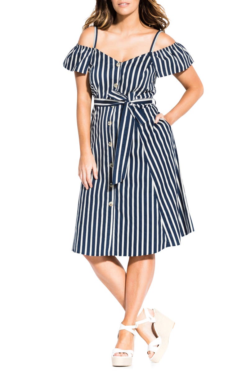City Chic Stripe Affair Cold Shoulder Stretch Cotton Dress Plus Size