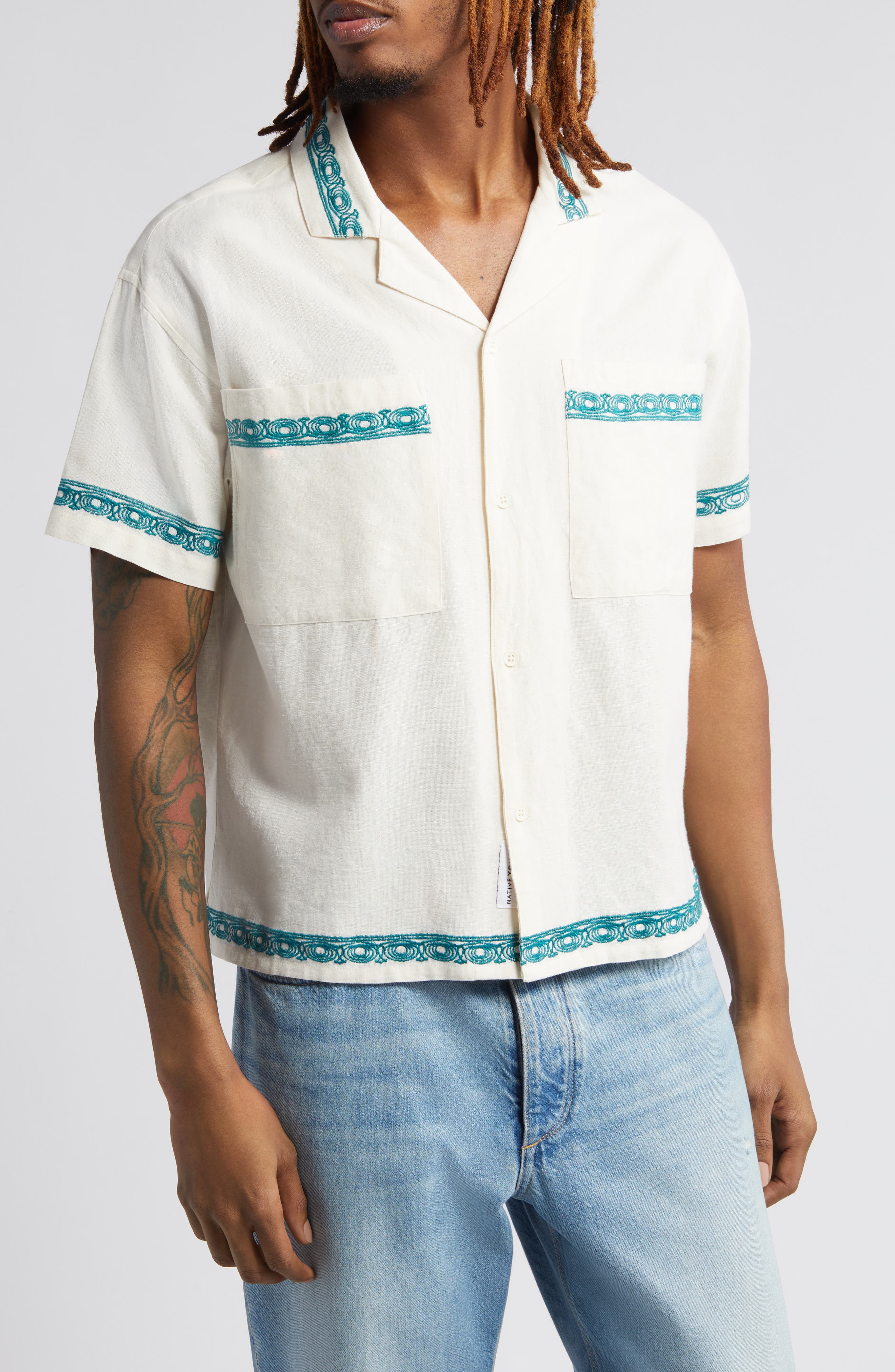 Native Youth Embroidered Short Sleeve Cotton & Linen Button-Up Shirt ...